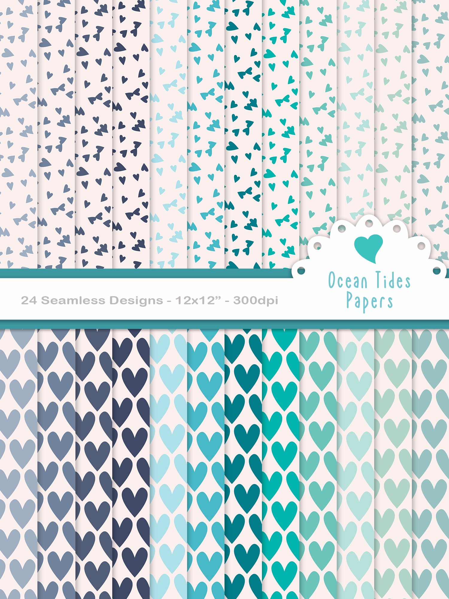 Ocean tides blue hearts, seamless background patterns