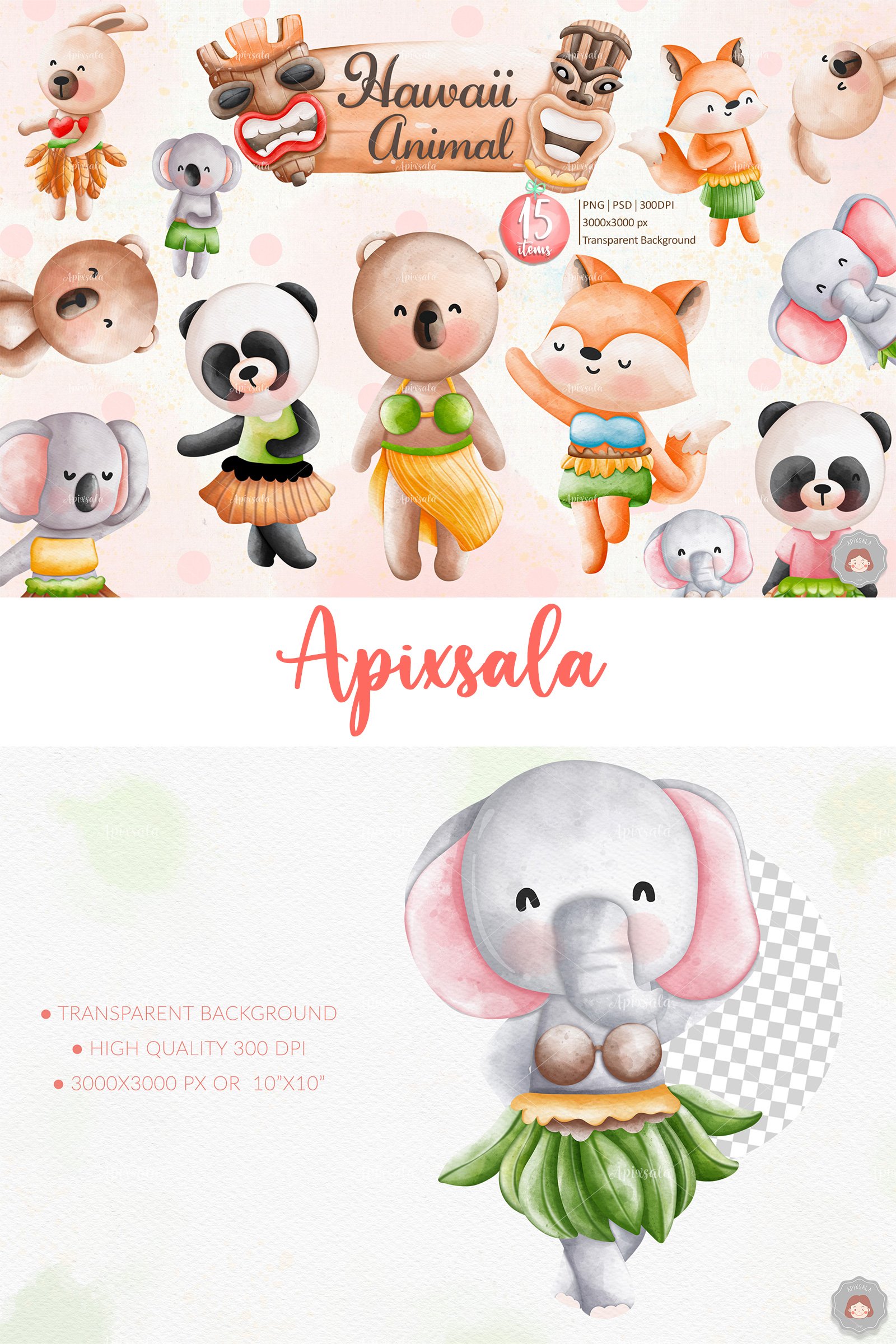 Watercolor Aloha Hawaii Cute Animals Clipart Sublimation
