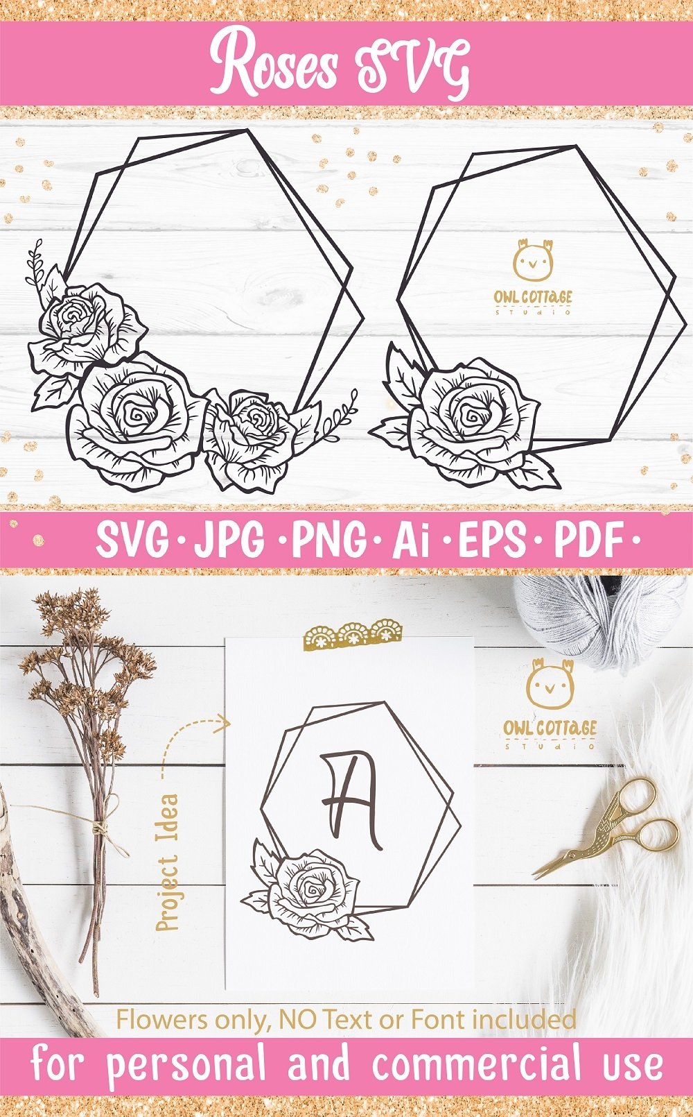 Roses svg, Flower Frame SVG, Roses Hexagon Frame