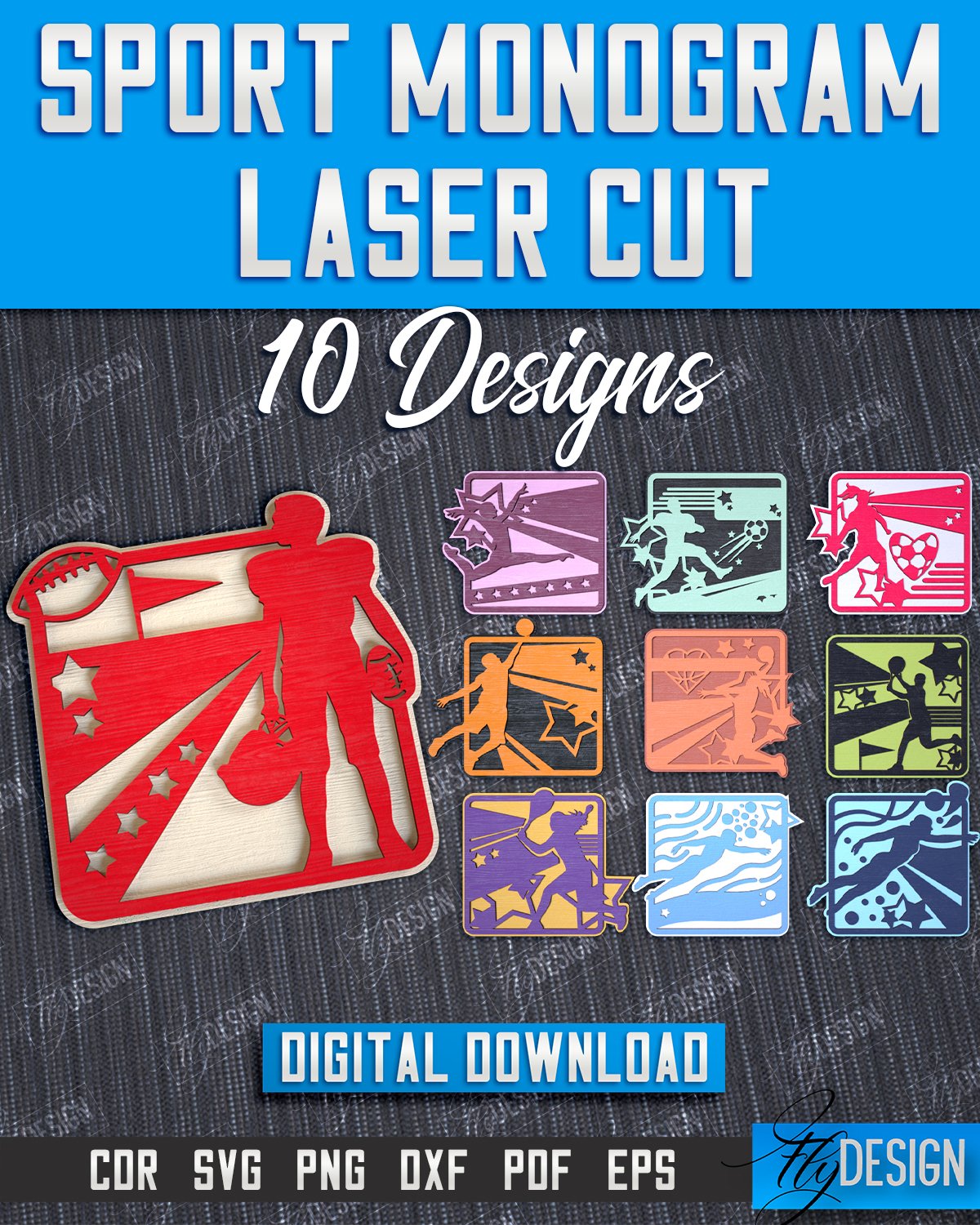 Sport Monogram Laser Cut Bundle, Sports Decor SVG, Gift Idea