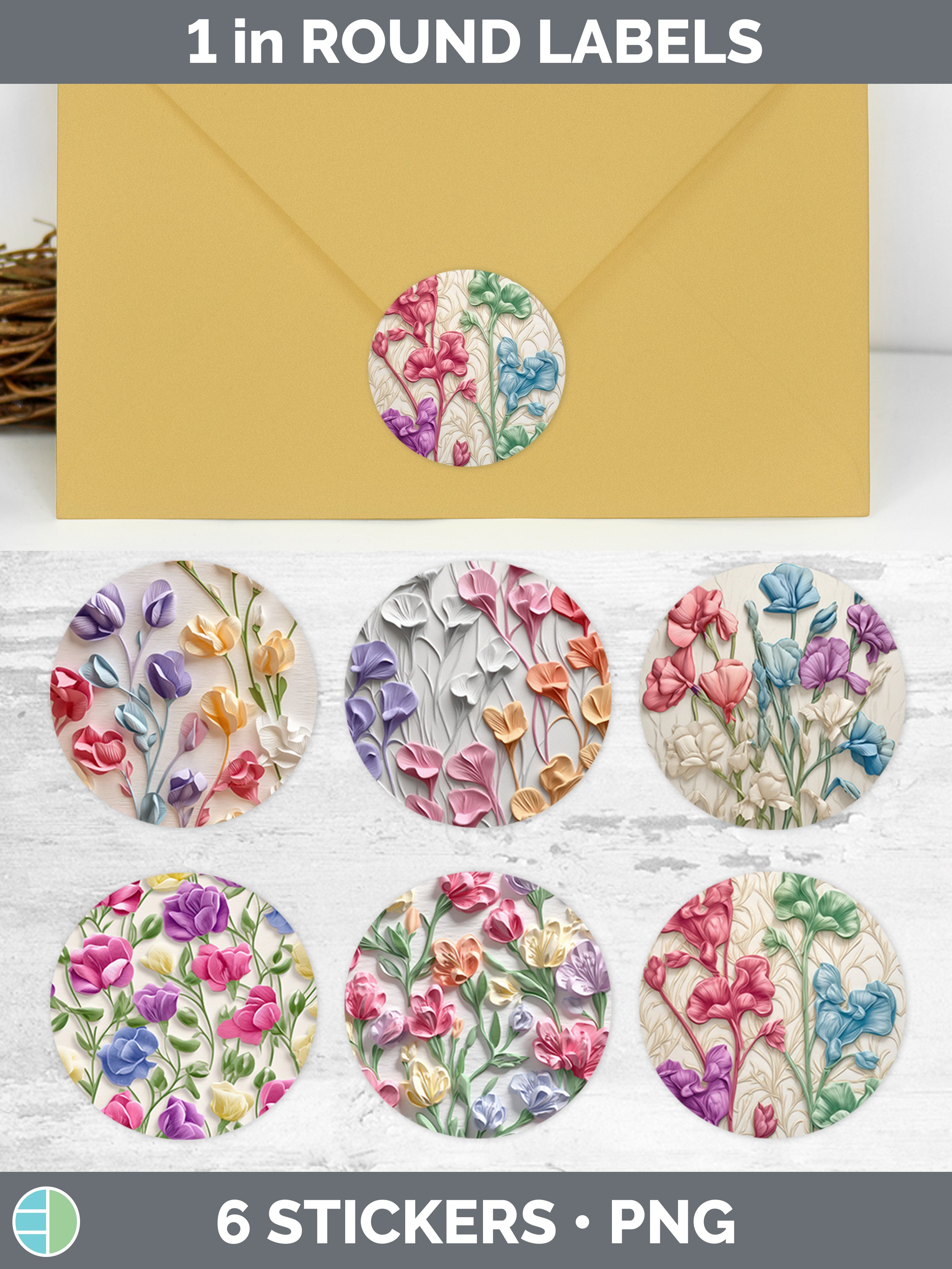 3D Sweet Pea Flowers Stickers | Round Labels Designs Bundle