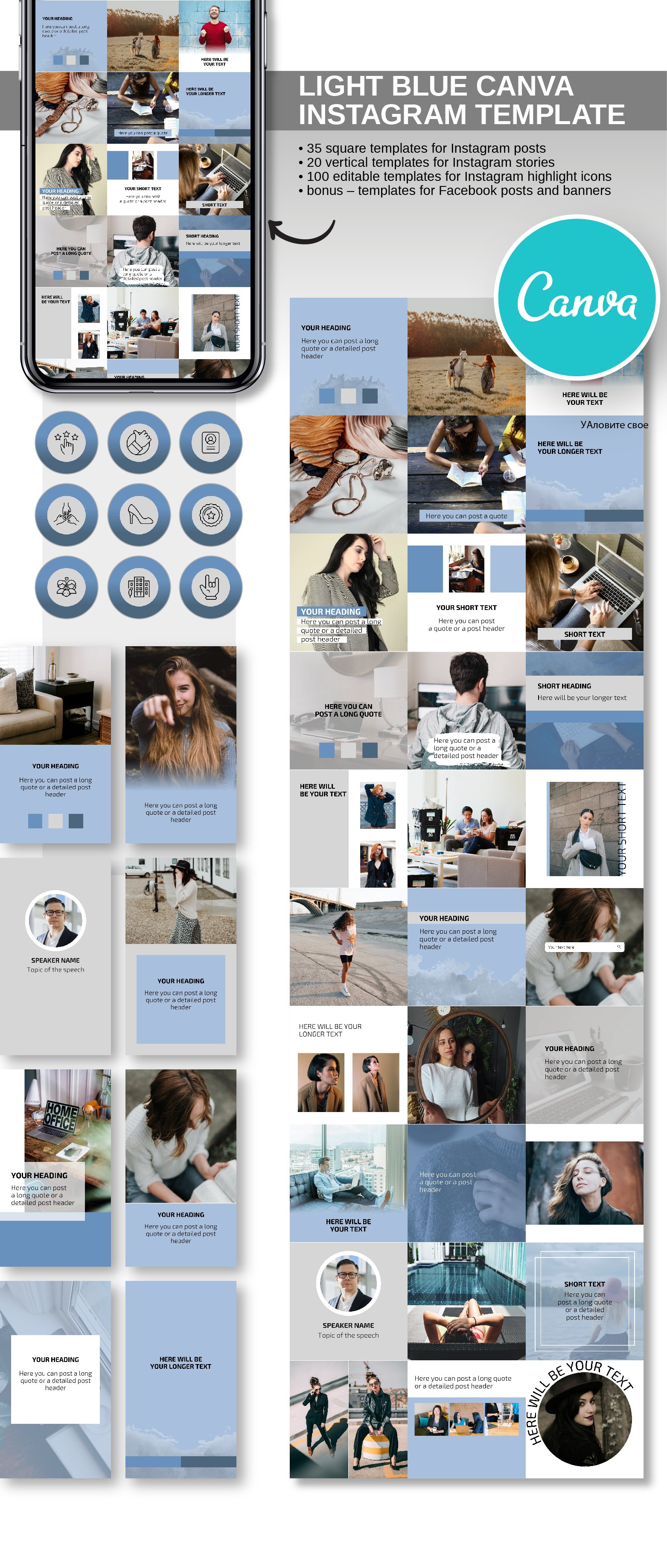 Blue CANVA Template for Instagram highlights icons, stories