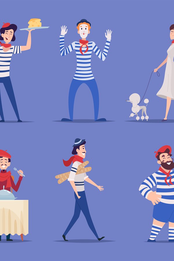 French characters. Authentic national france people paris fe