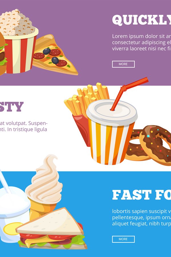 Three horizontal banners of fast food vector illustrations w