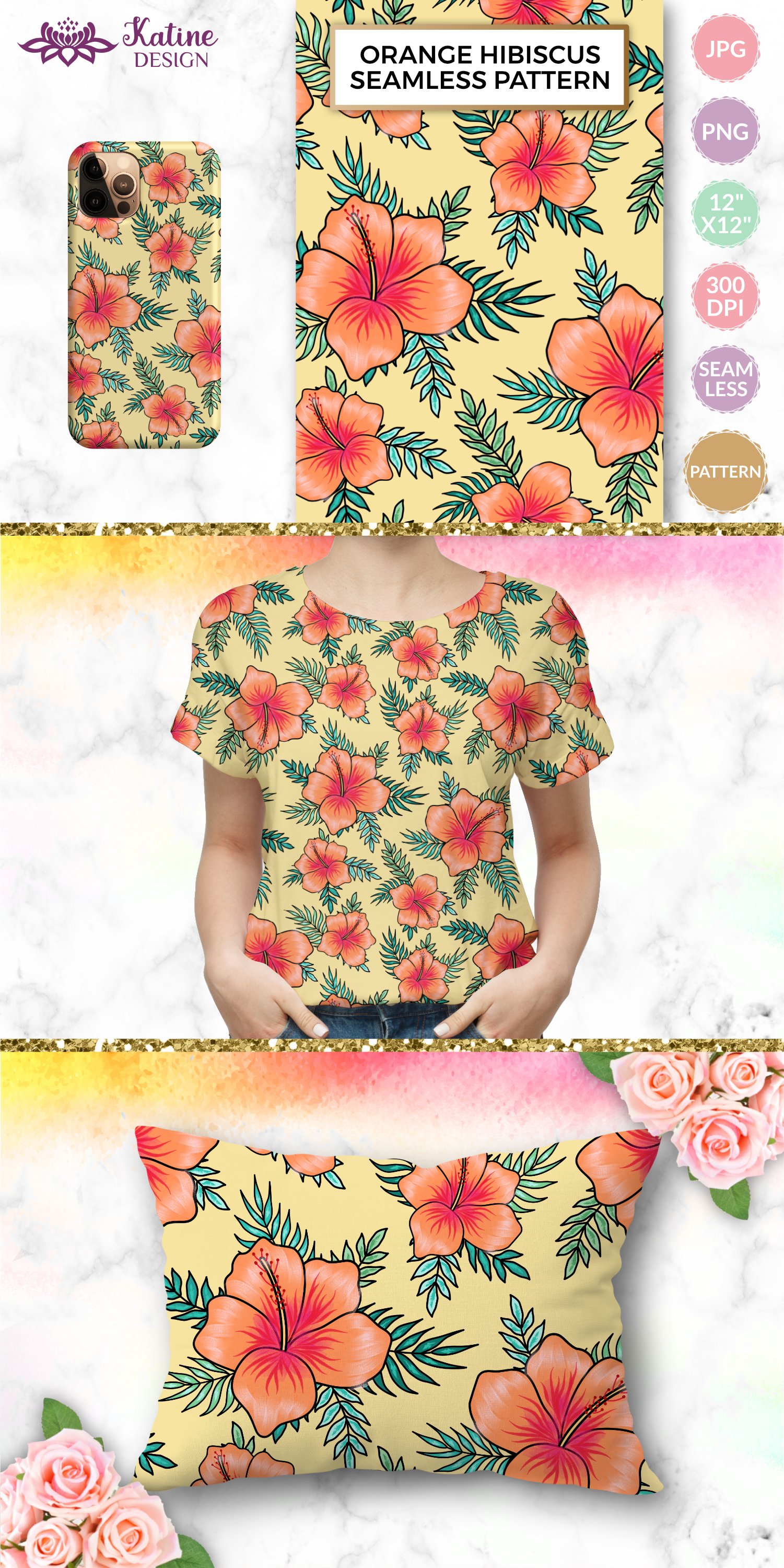Orange Hibiscus Pattern Tropical Flower Background