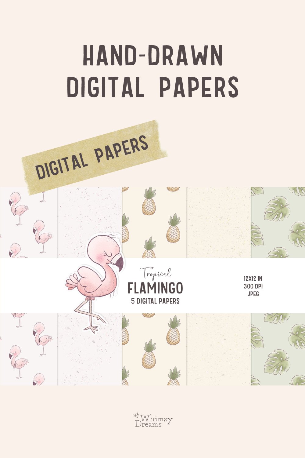 Hand-drawn flamingo digital papers | Cute tropical patterns