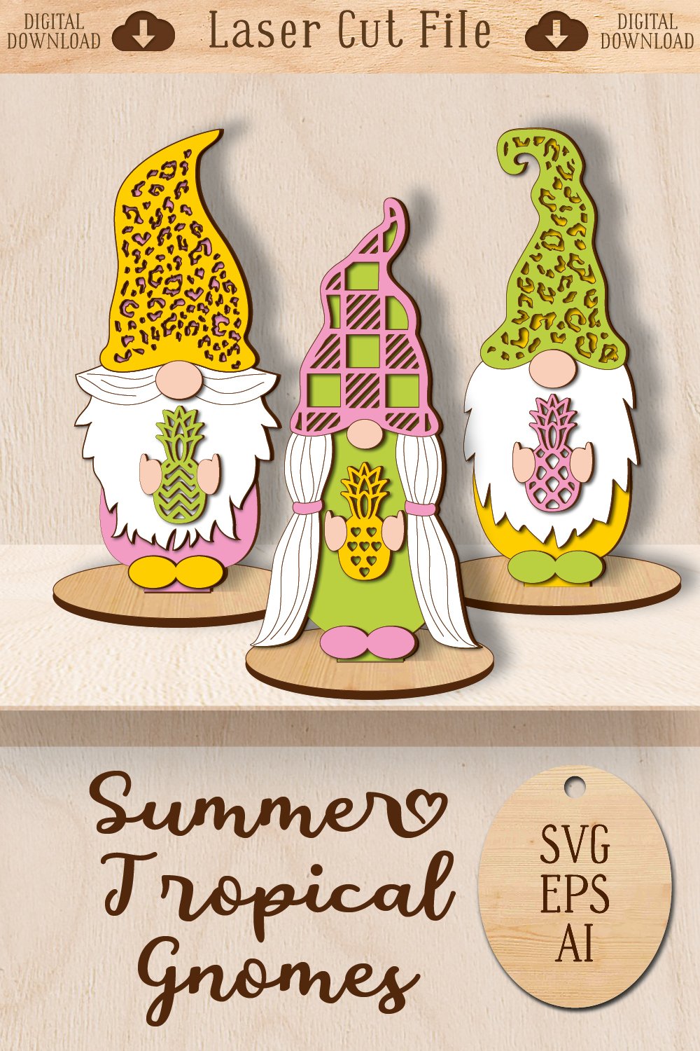 Summer Gnomes Pineapple Stand Decor Laser Cut file SVG