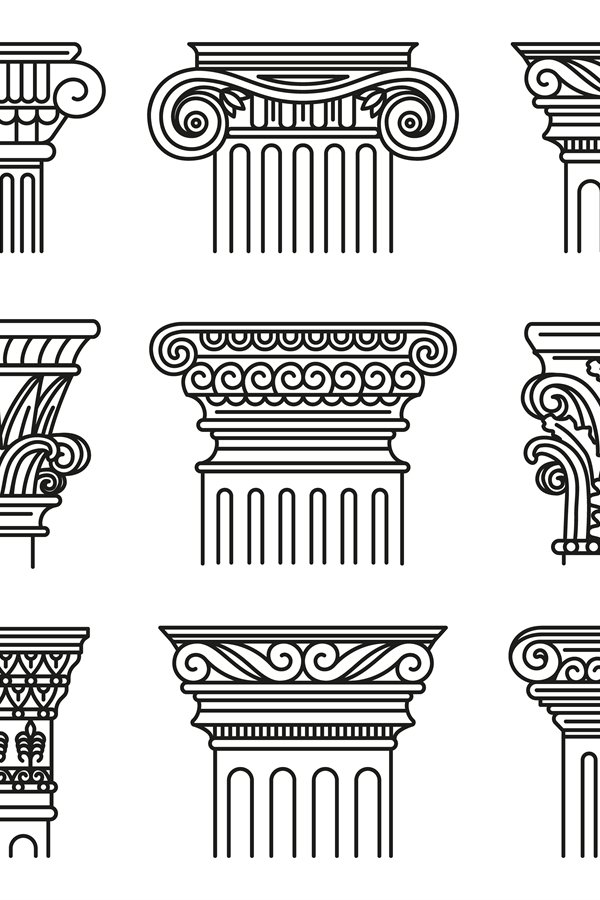 Ancient greek capitals. Architectural orders, ionic and dori