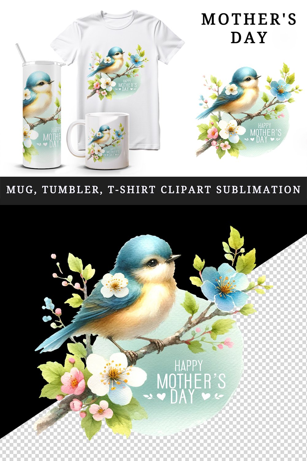 Bird Mother's day tumbler mug wrap clipart sublimation png