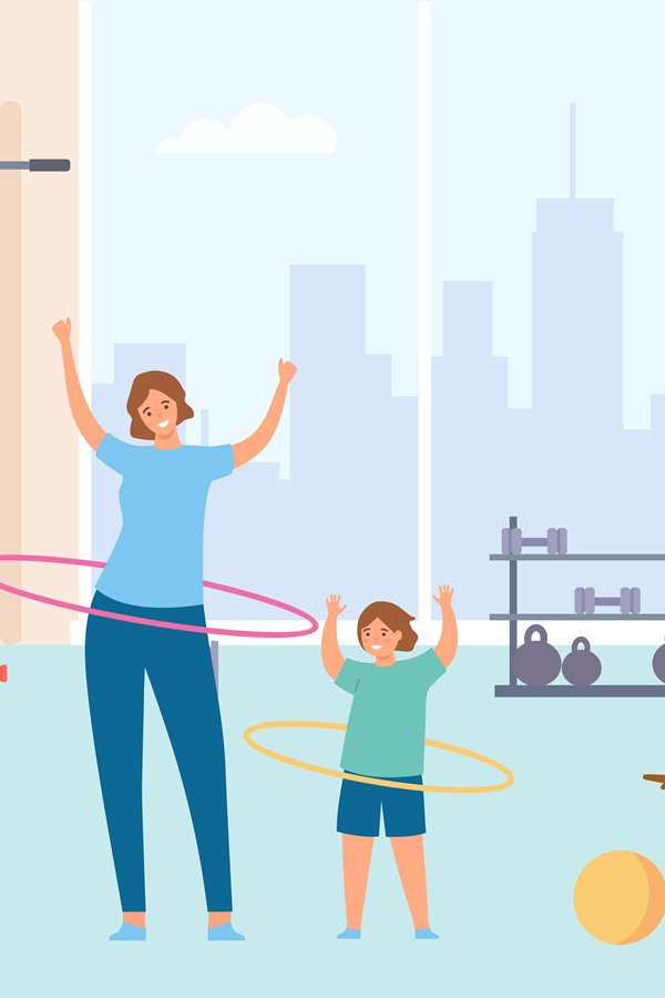 Parents and kids in gym. Families do exercise. Sport lesson