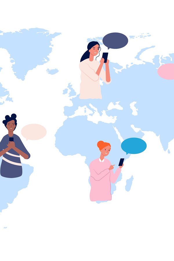 Globalisation. People avatars on world map. International co