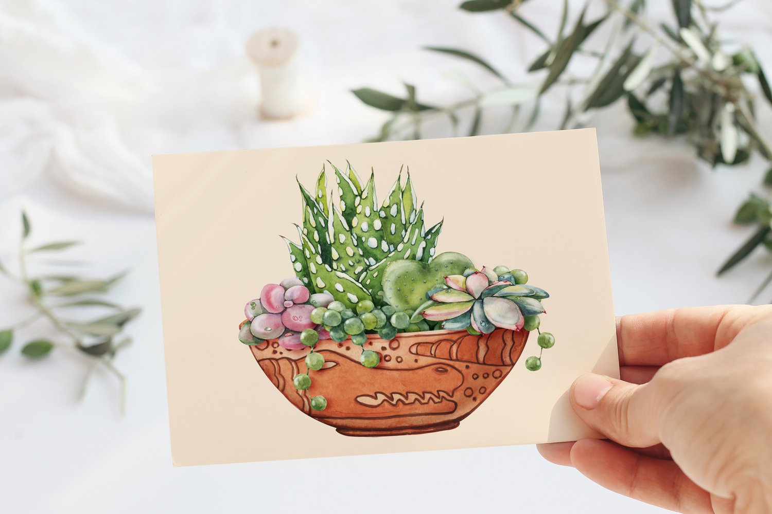 Succulent and cactus in pots watercolor clipart. Ceramic pot