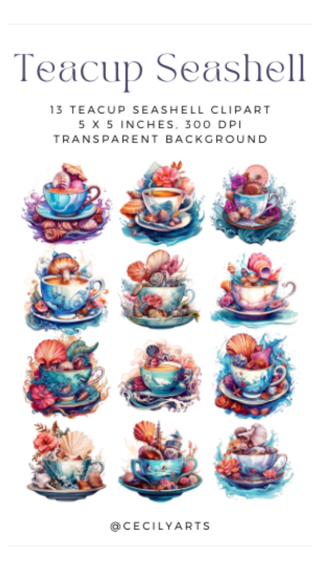 13 Watercolor Teacup Seashell Clipart