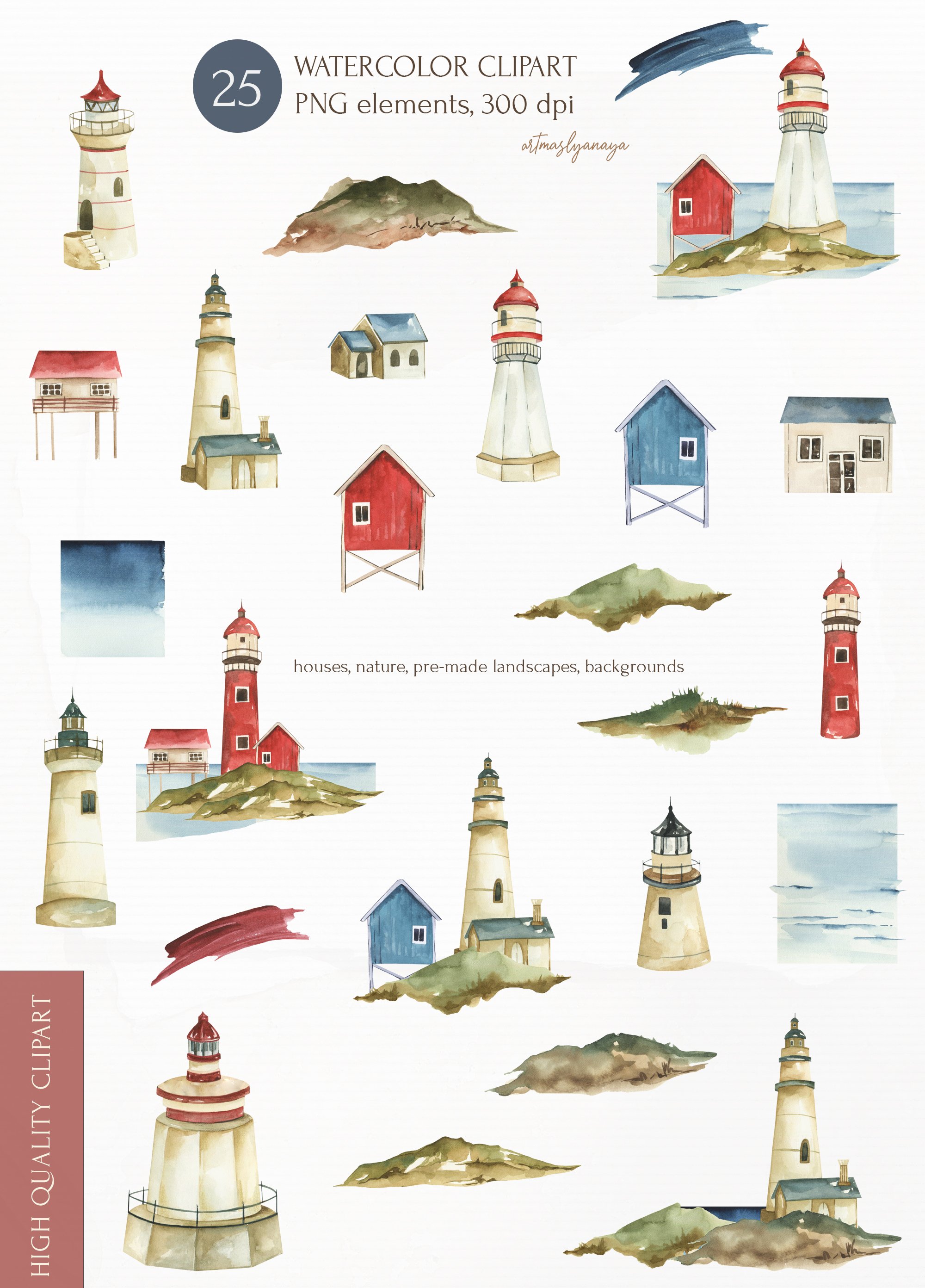 Watercolor Lighthouses clipart. Nature, marine collection.