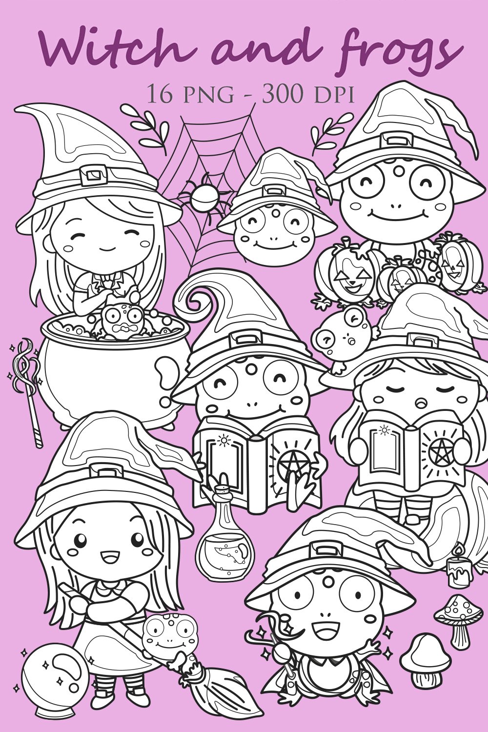 Cute Witch and Frog Halloween Digital Stamp Outline Cartoon