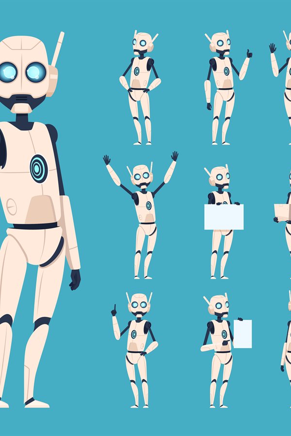 Cute robots. Android characters in action poses with bionic