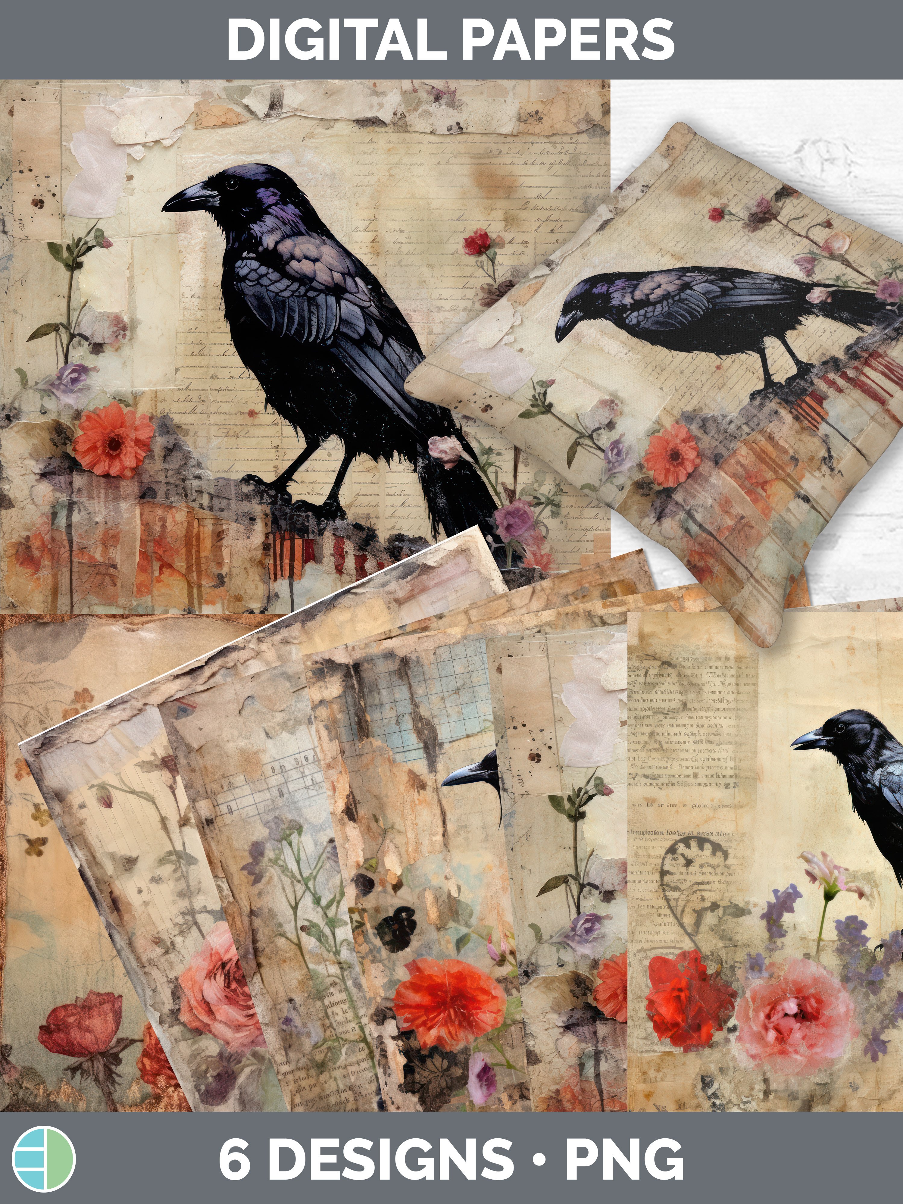 Vintage Crow Bird Paper Backgrounds | Digital Scrapbook Pape