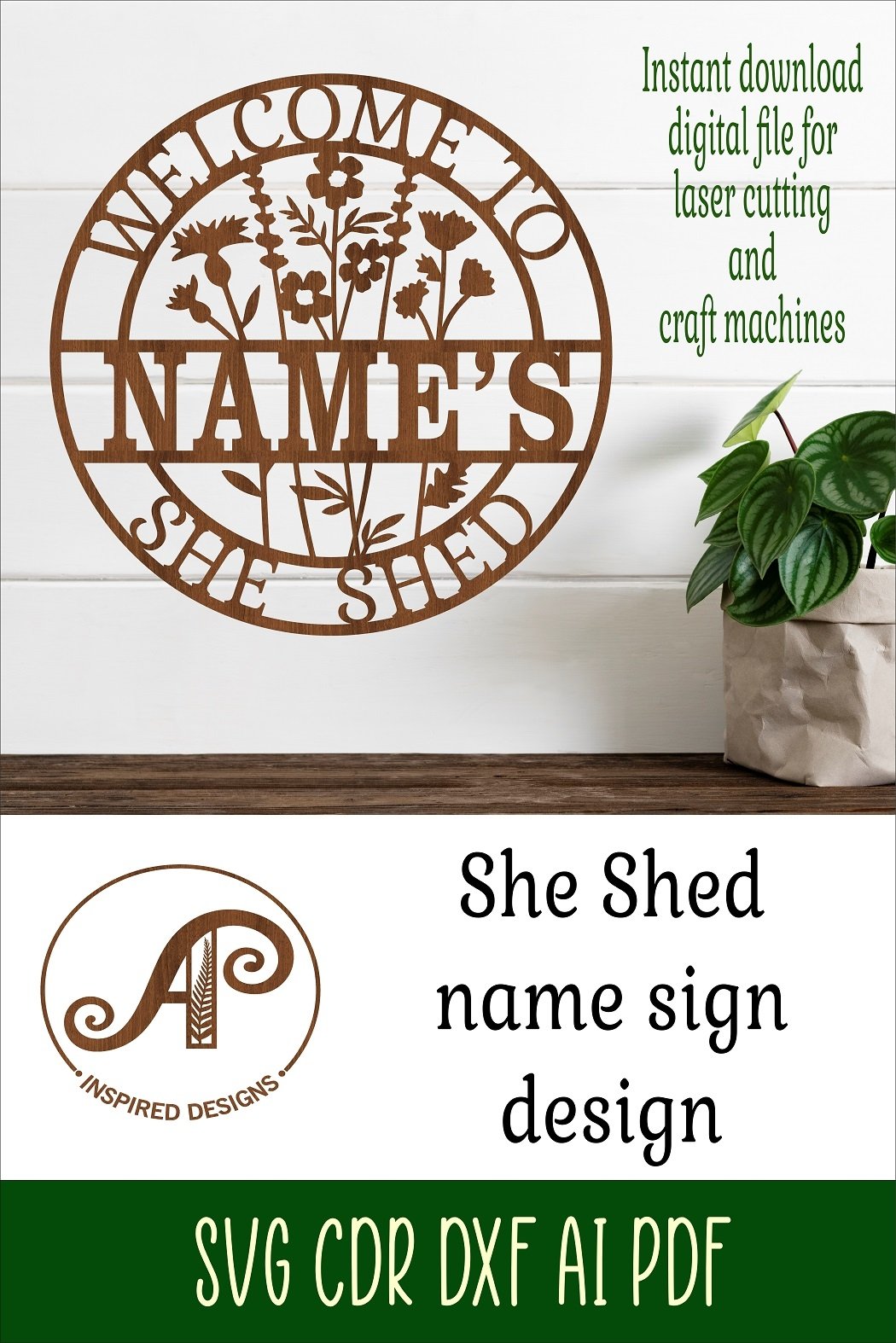 Floral she shed sign svg laser cut template