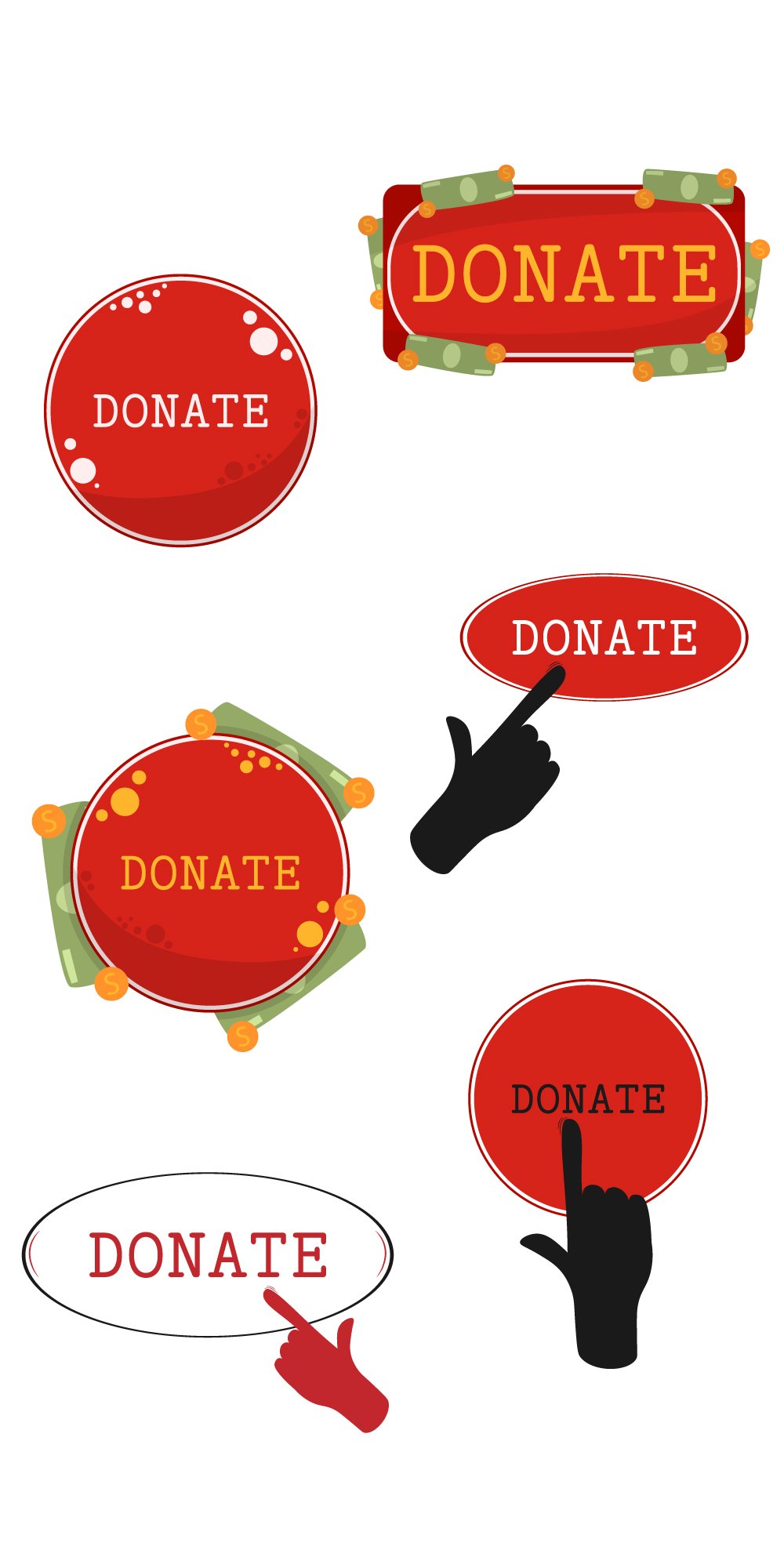 Donate buttons charity set with money. Hand with donate sign