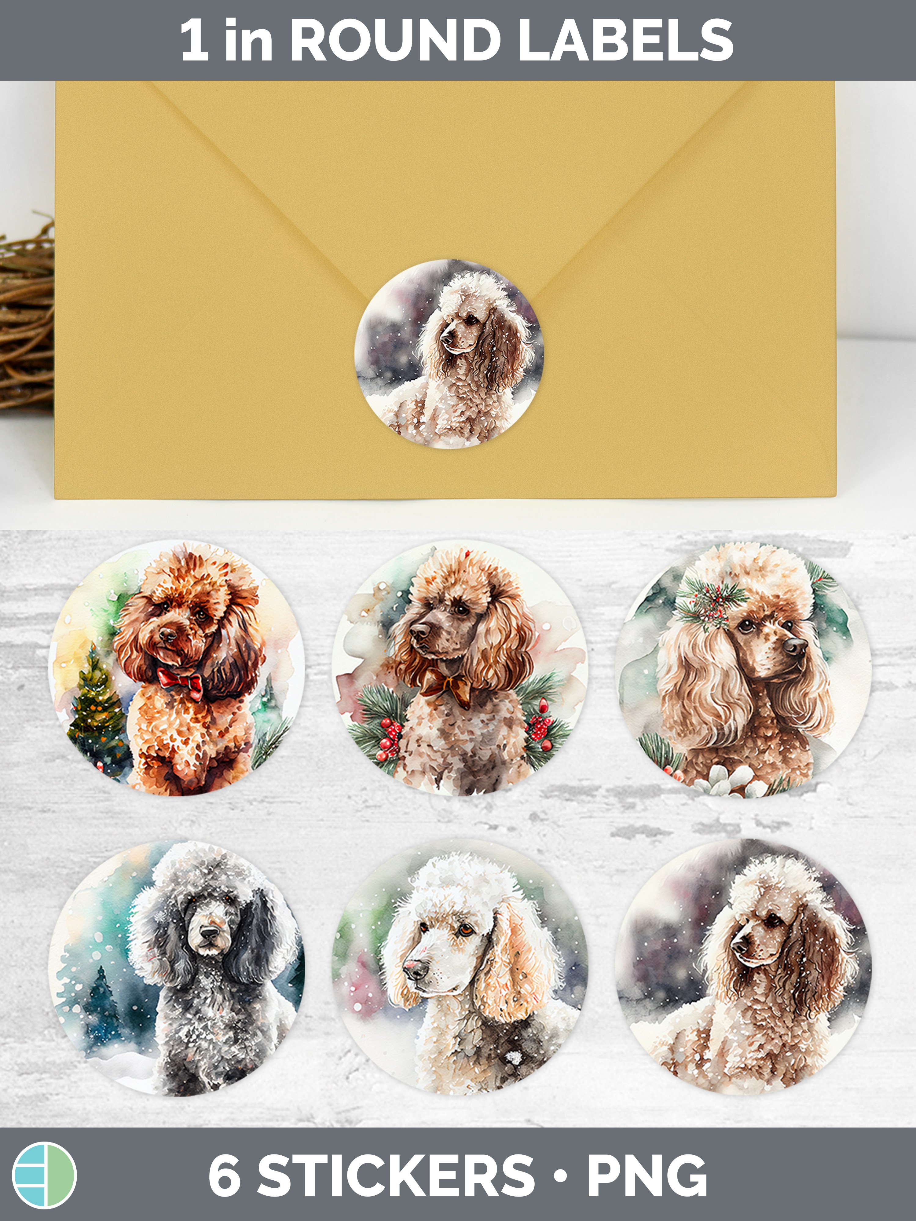 Snowy Poodle Stickers | Sticker 1in Round Labels PNG Designs