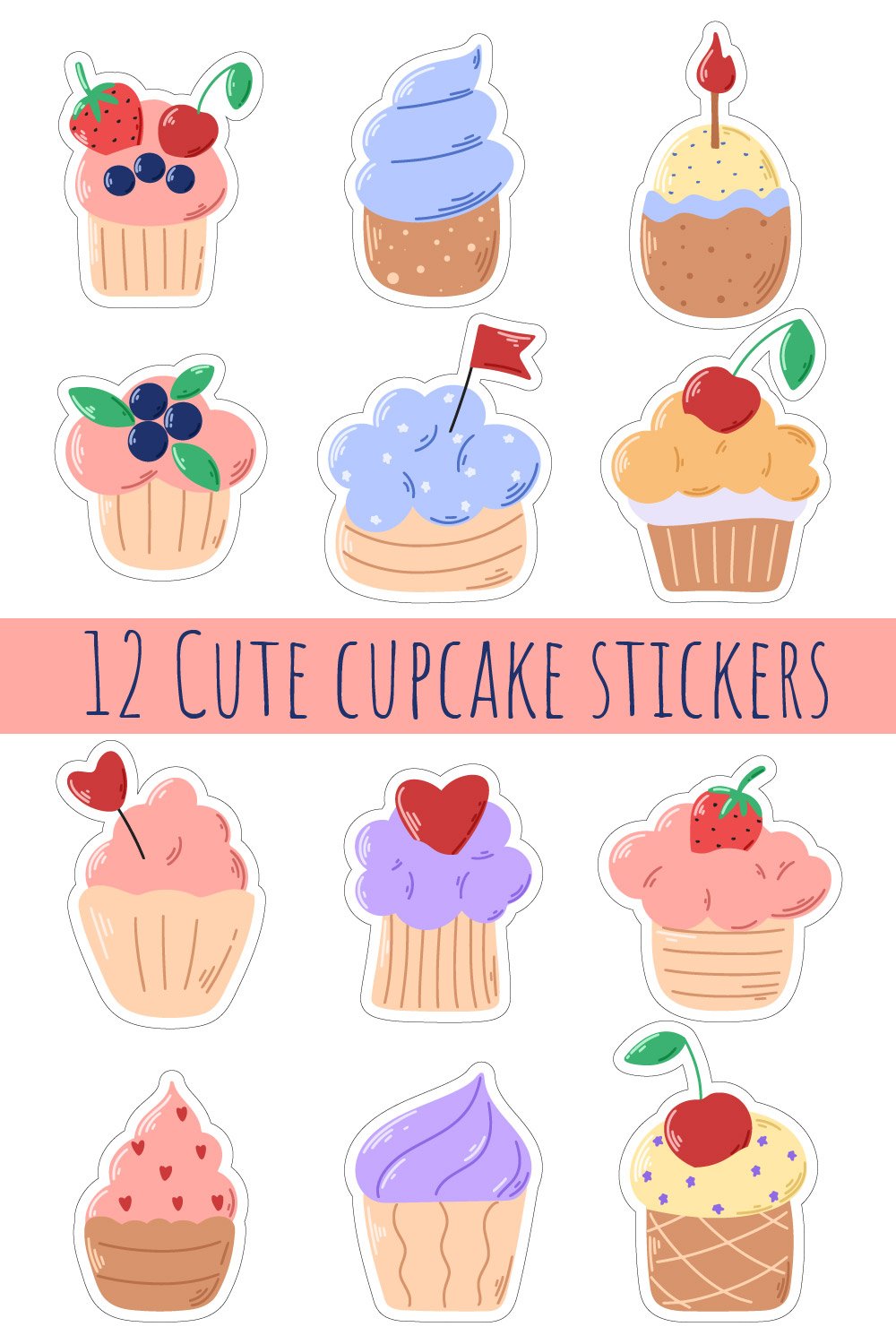 Set of 12 stickers cupcakes with berries and decor.