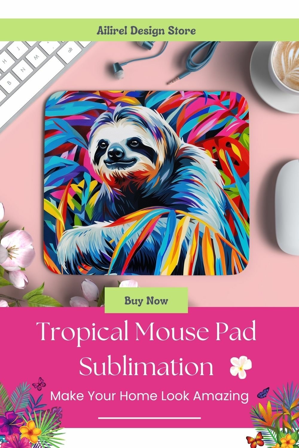 Colorful Sloth Mouse Pad Design, Tropical Leaves Mouse Pad