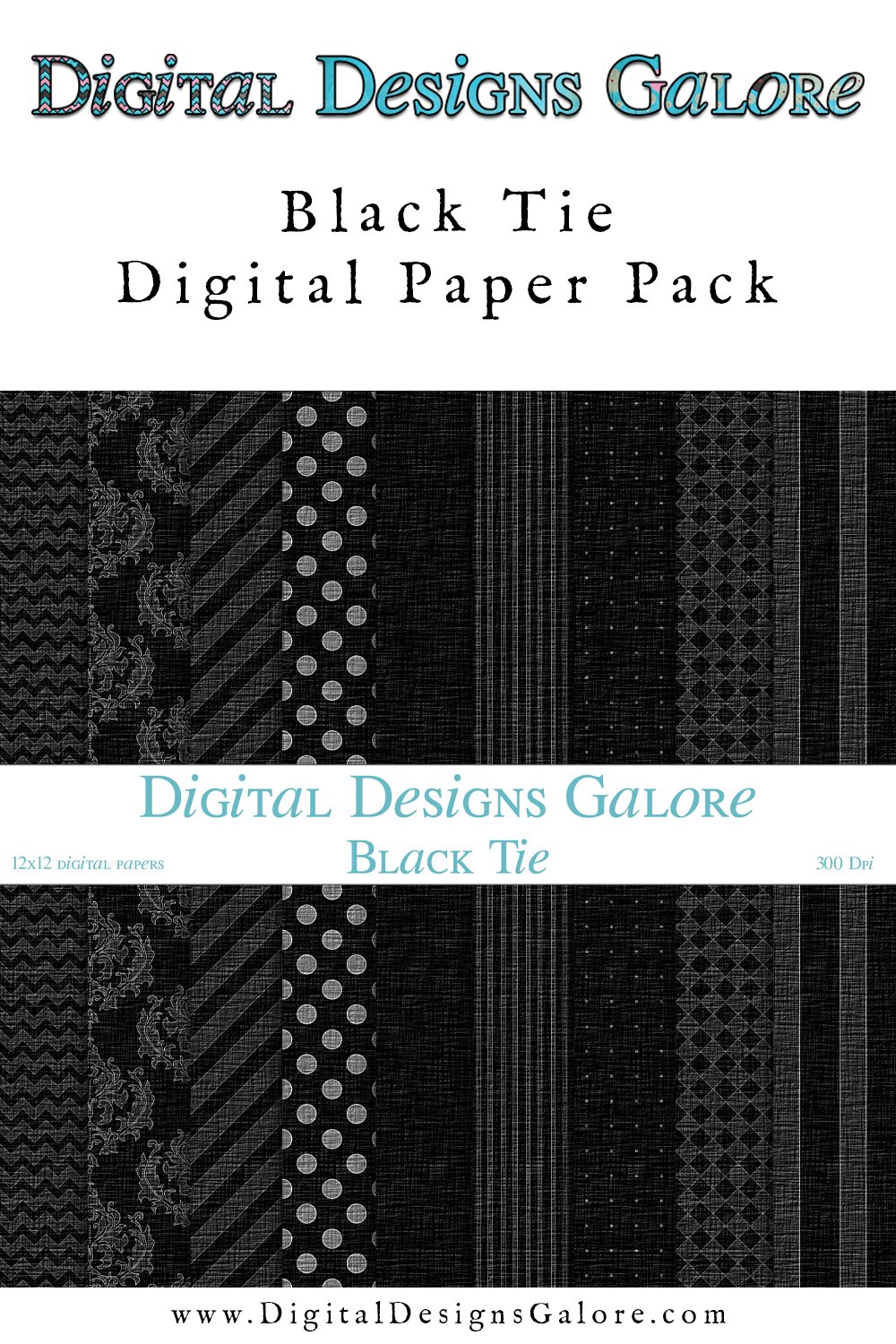 Black Tie Digital Paper Pack | 9 Black Gray Digital Papers