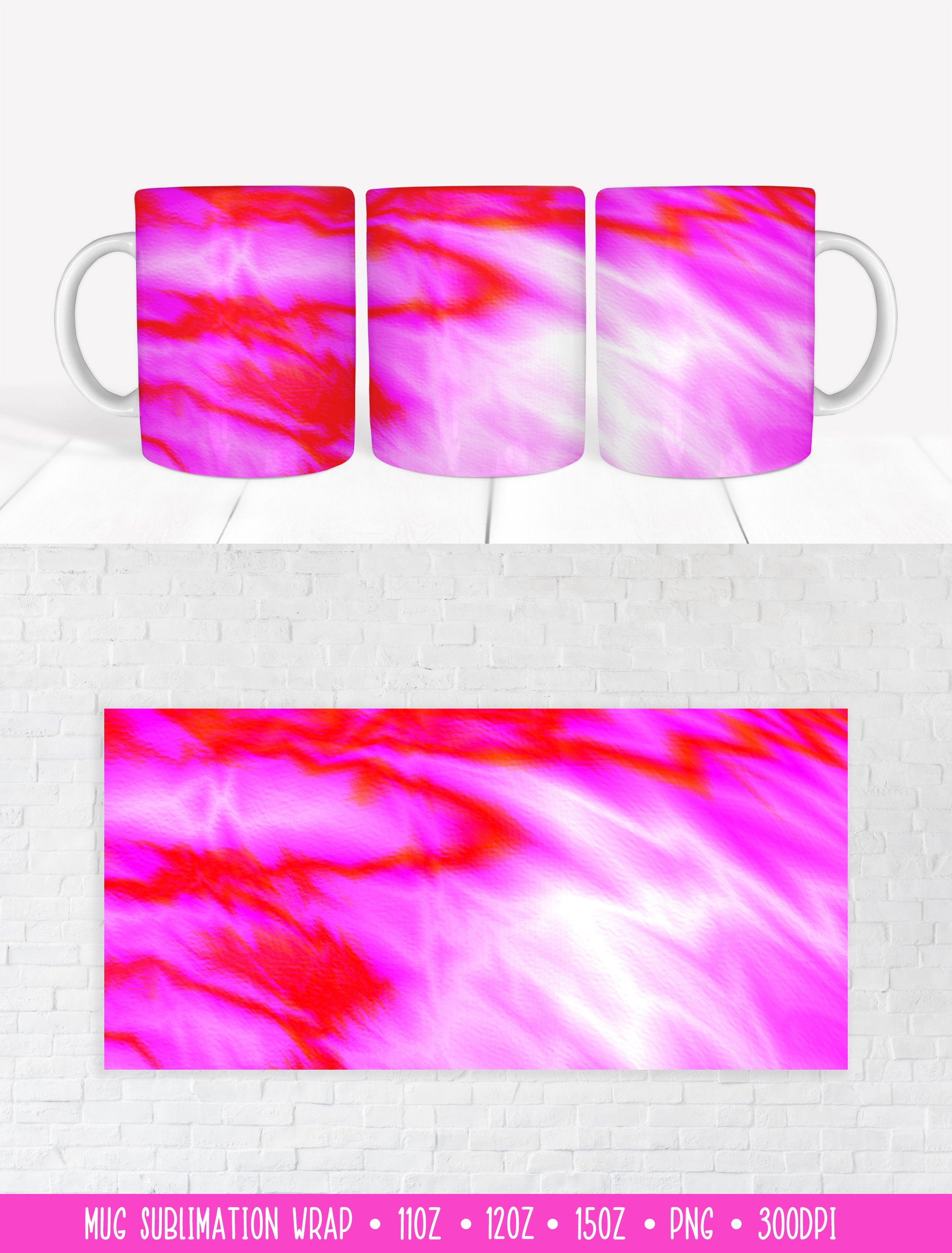 Hot Pink Mug Sublimation Design. Neon Mug Wrap