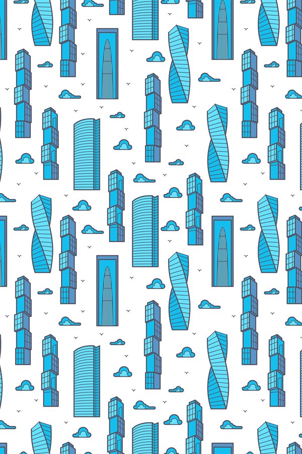 Modern skylines and clouds seamless pattern