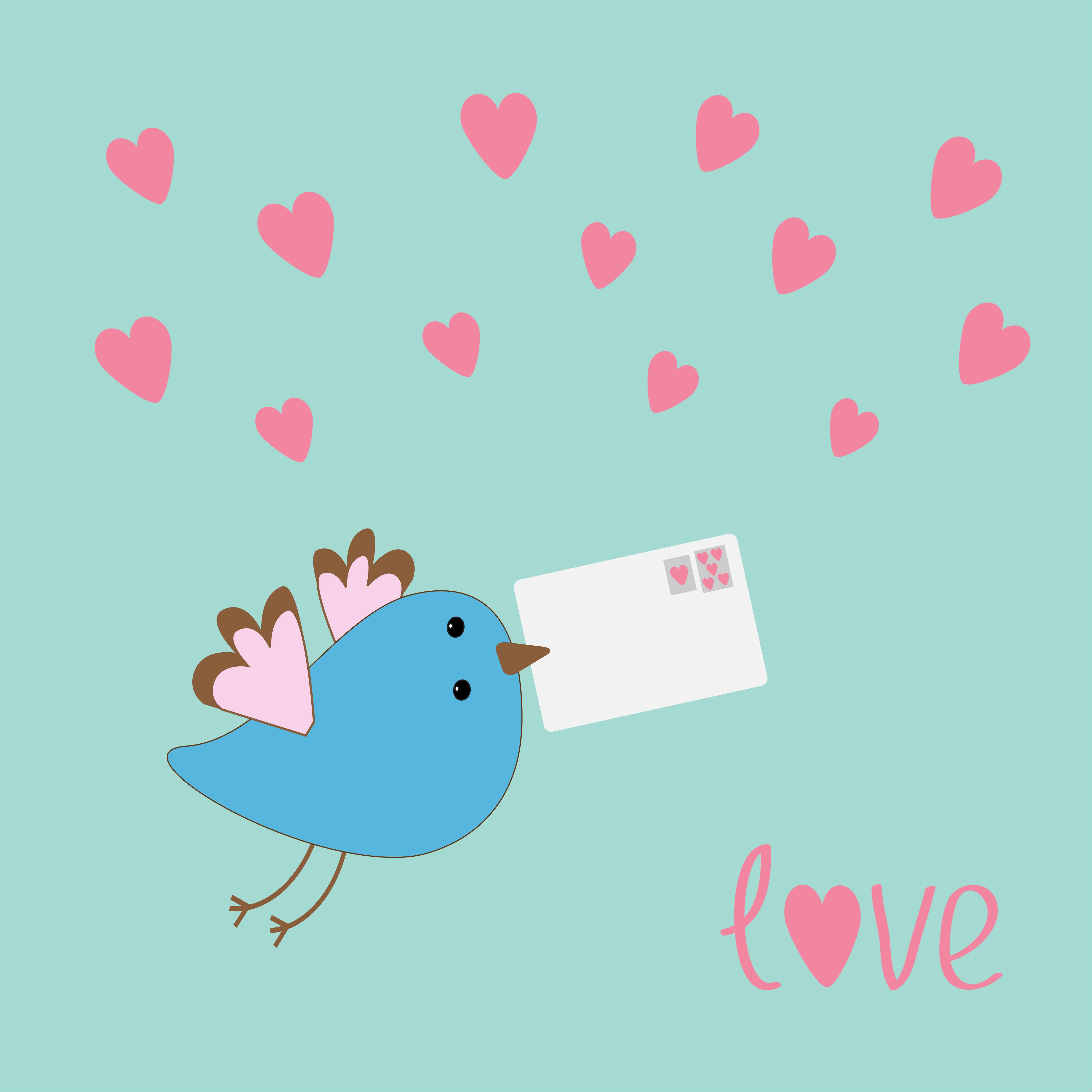 Flying bird with letter and hearts
