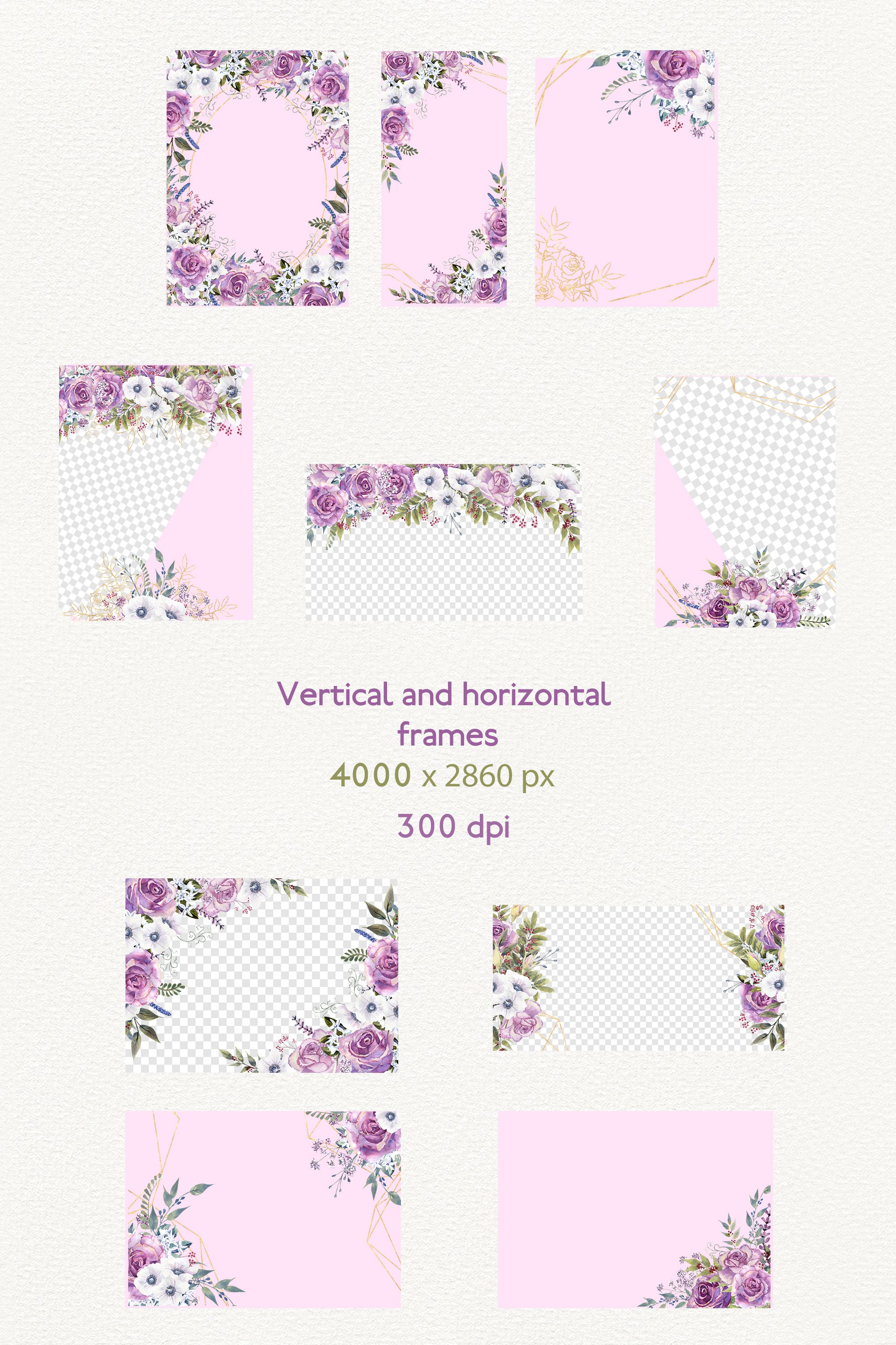 Vertical and horizontal frames with watercolor purple roses