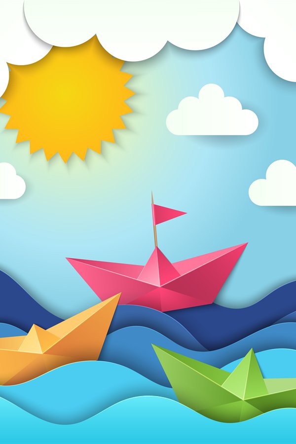 Origami boat. Cut paper ocean waves shadows vector ship styl