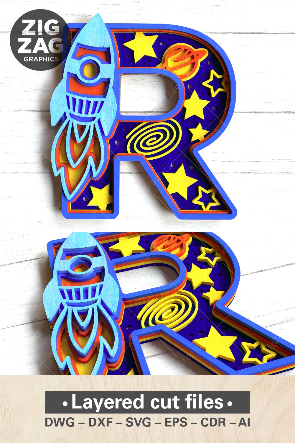 layered kids letter R with space rocket astronaut and stars