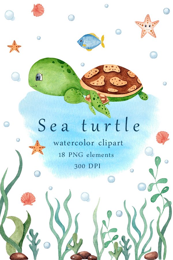 Watercolor sea turtle clipart. Small underwater animals.