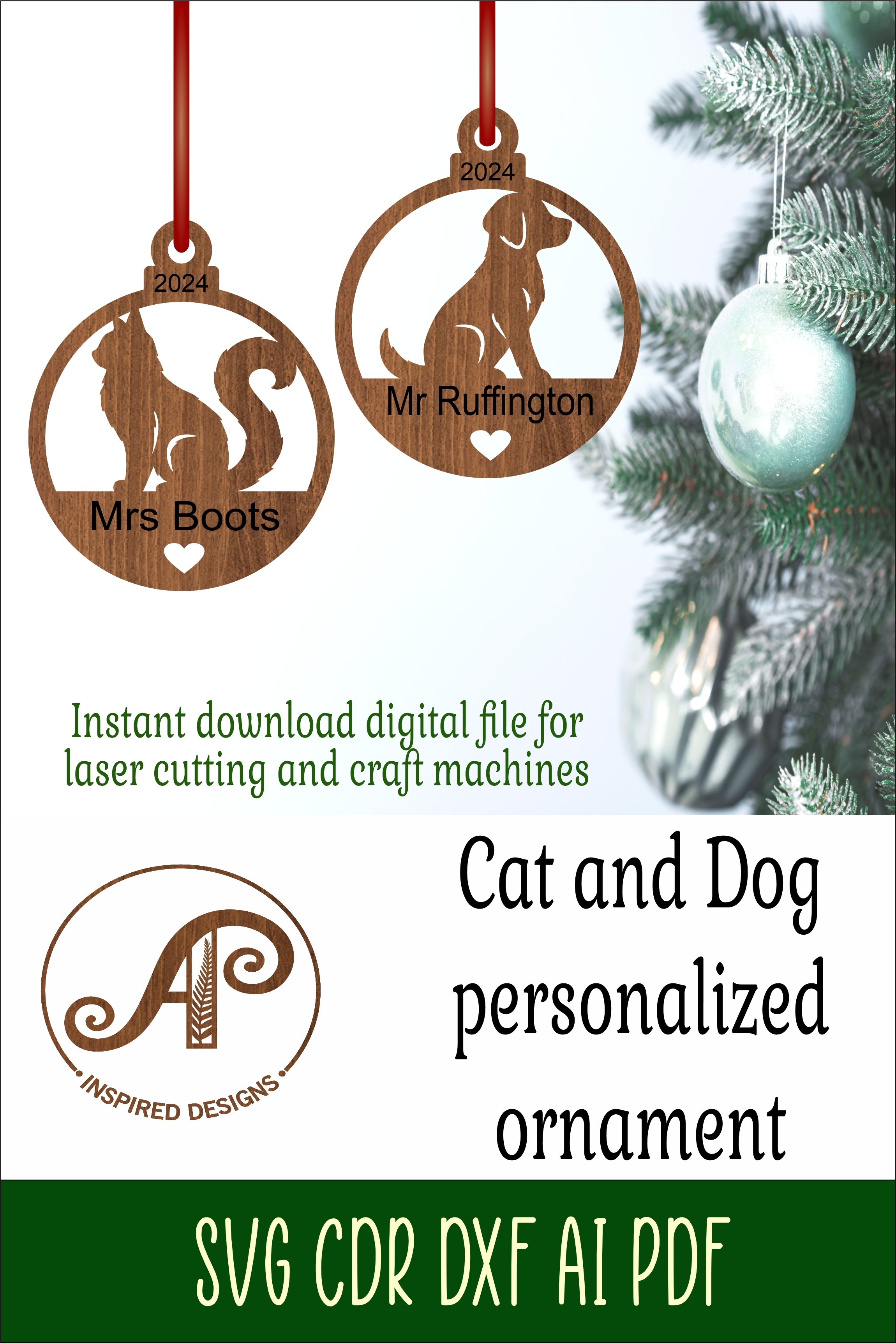 Cat and Dog Christmas Ornament SVG laser cut (4862588)