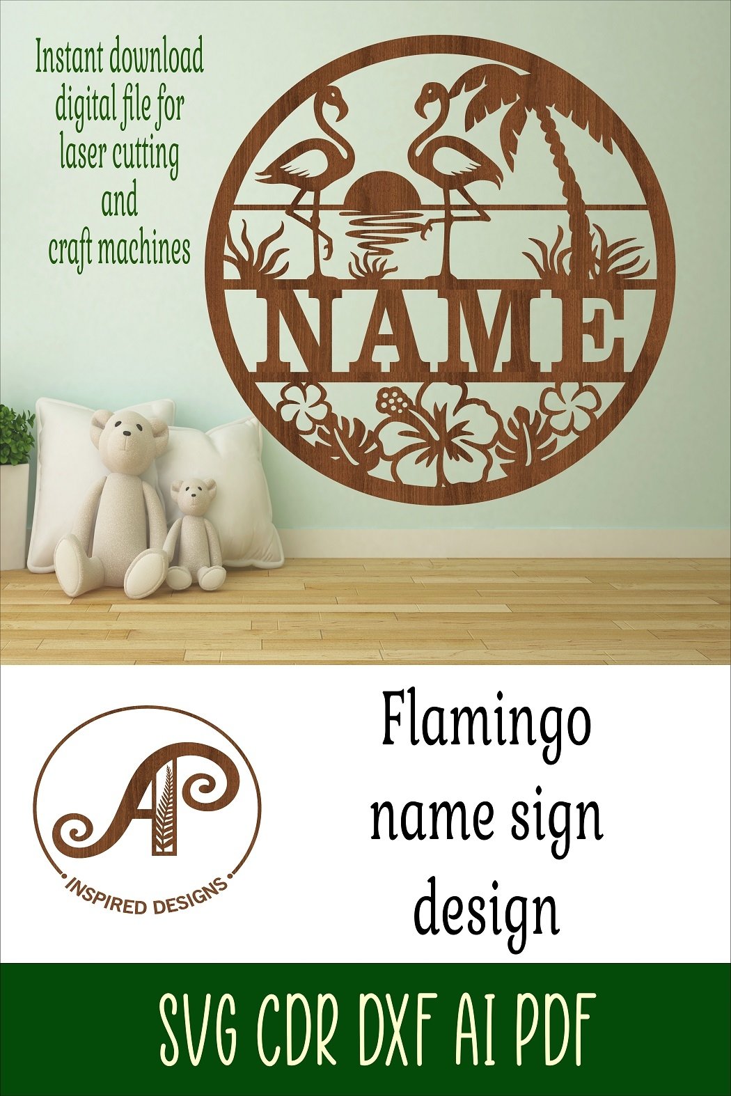 Flamingo name sign svg laser cut template (2543059)