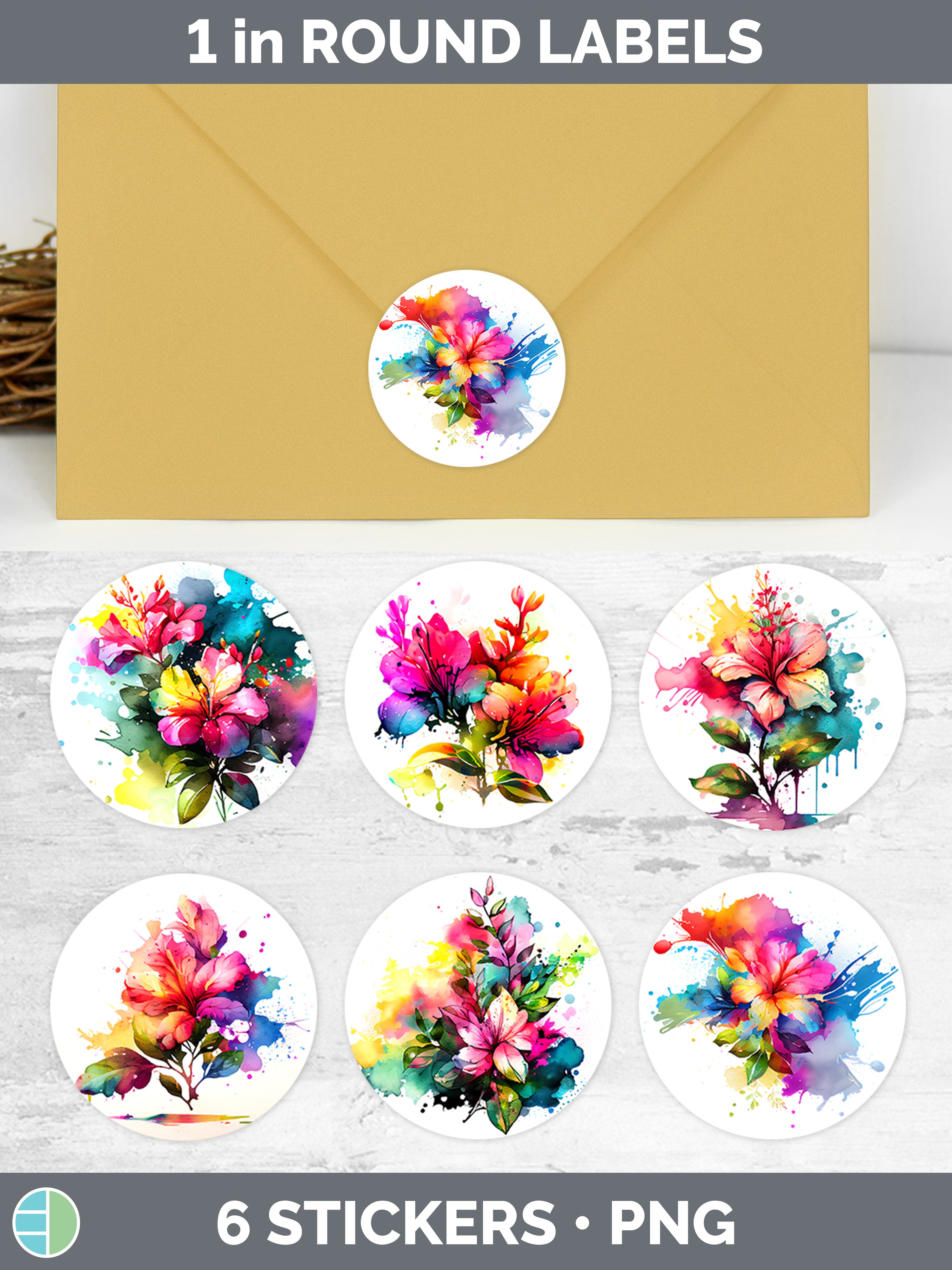 Rainbow Azalea Flowers Stickers | Round Labels Designs Bundl
