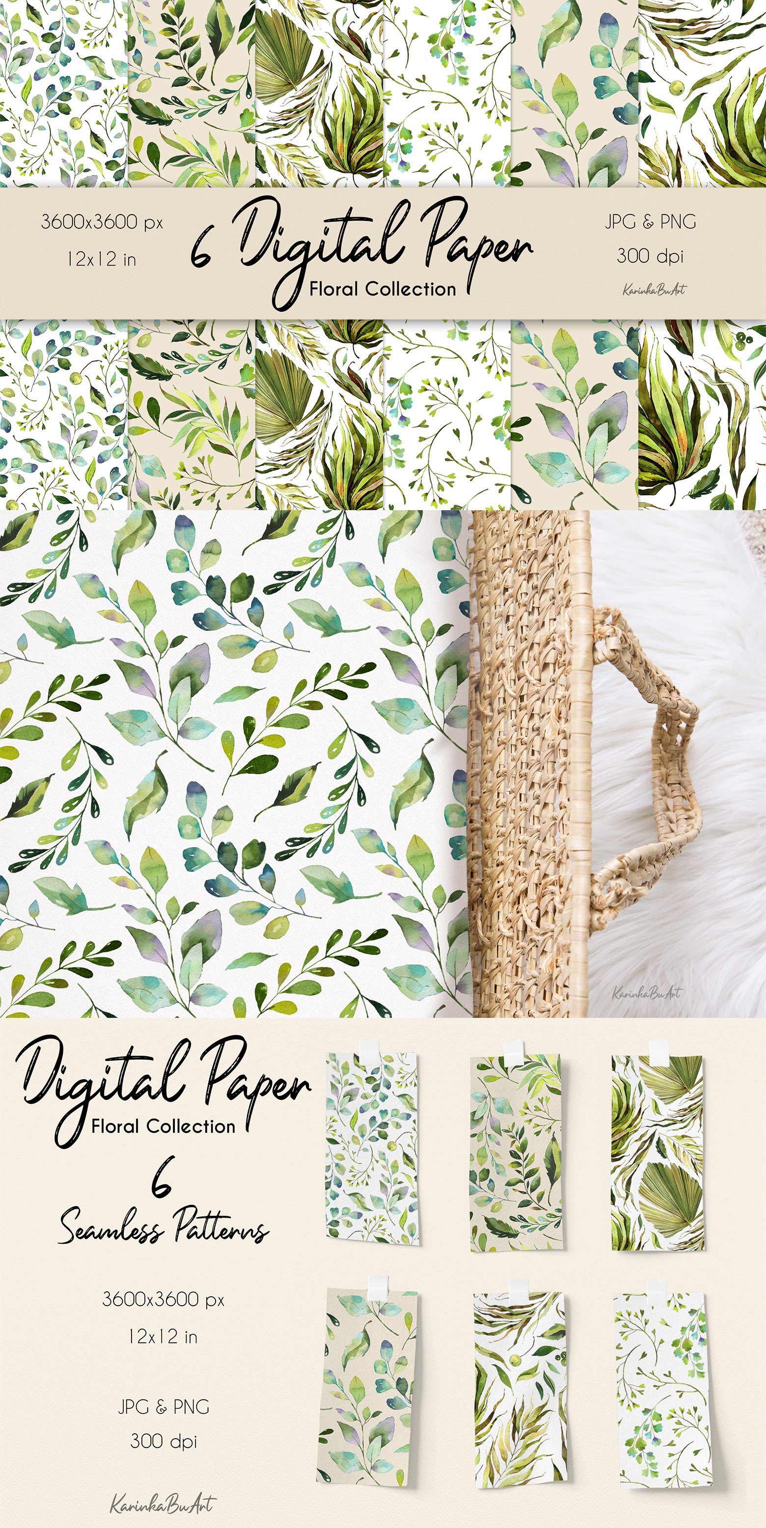Watercolor Greenery Leaves. Tropical Scrapbook Papers Set 6