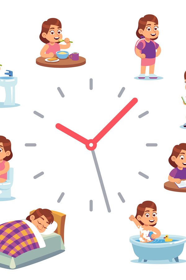 Daily clock for girl. Routine schedule of happy baby girls l