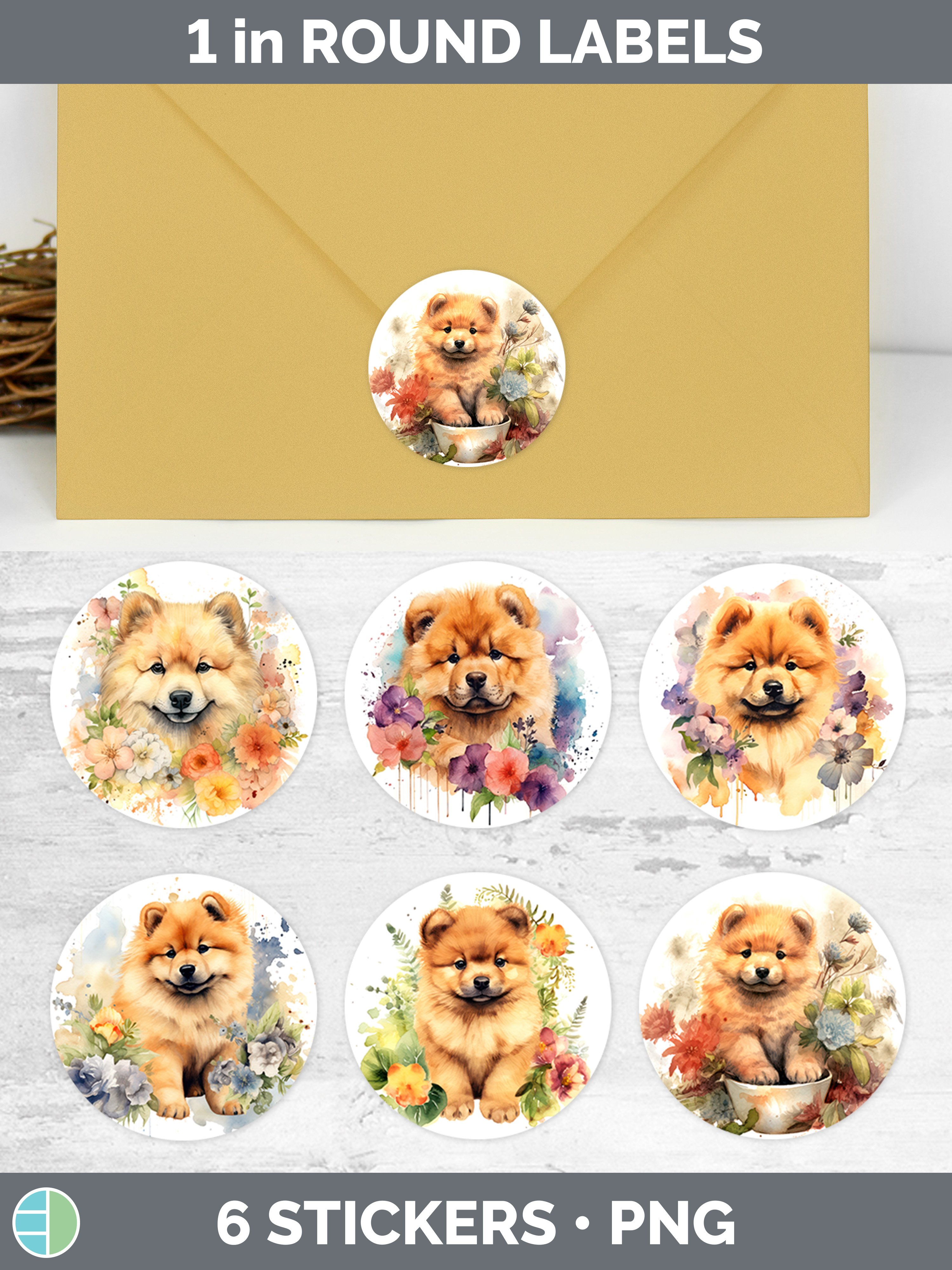 Watercolor Chow Chow Dog Stickers | Round Labels Designs Bun