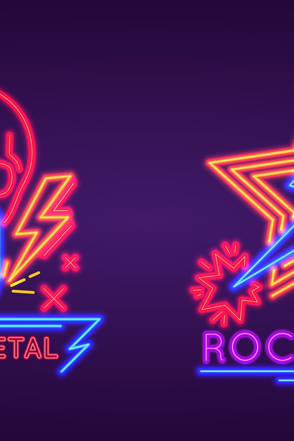 Glowing neon signboards for rock festival, band or club logo