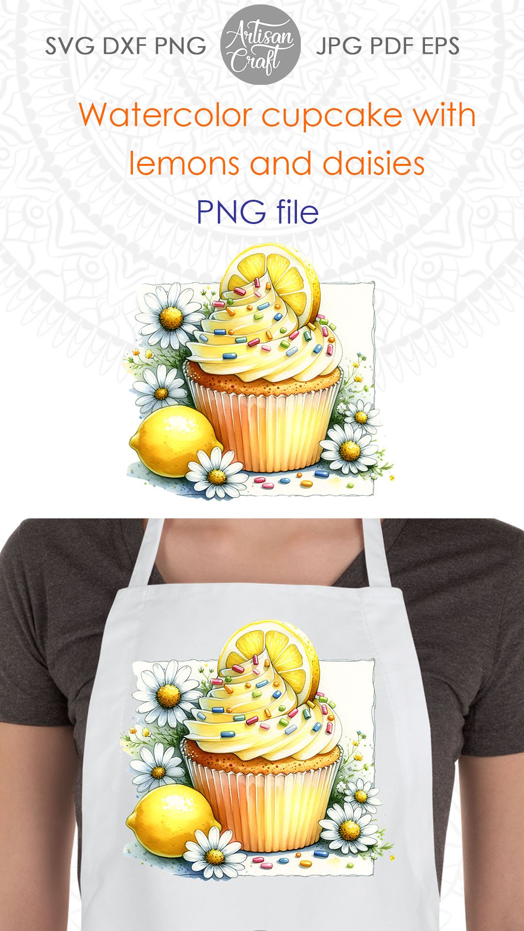Watercolor cupcake clipart with lemons and daisies