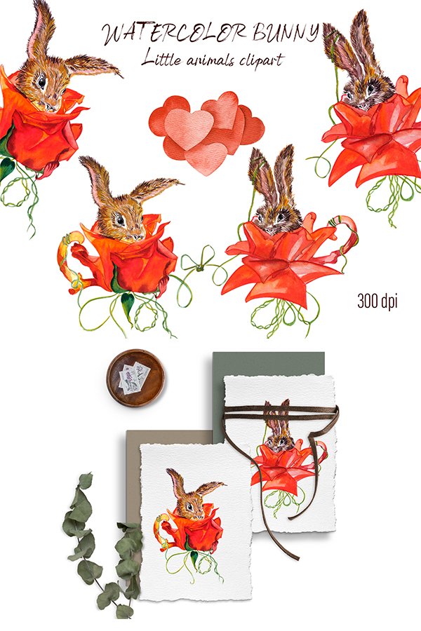 Watercolor rabbit PNG. Little cute animals clipart, rabbit