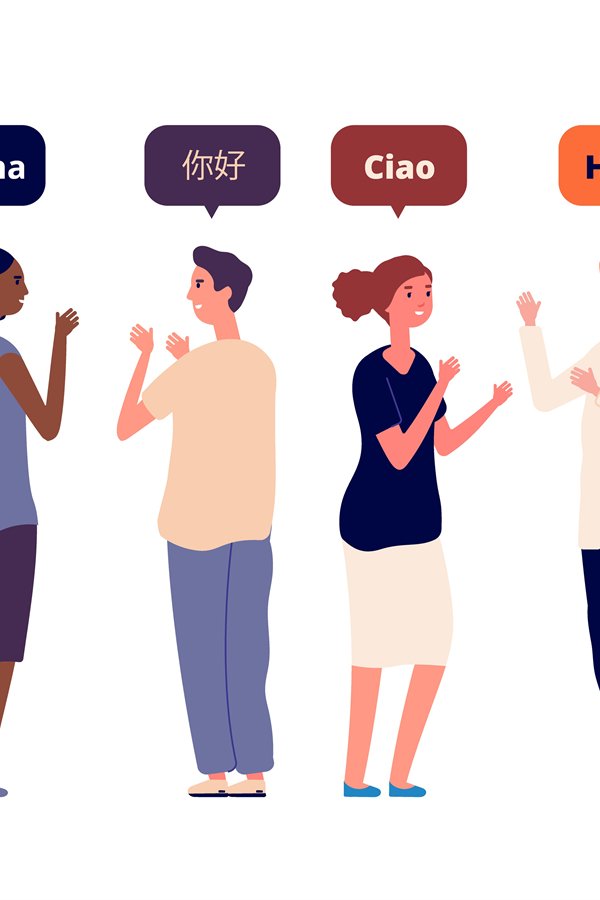 Greeting in native languages. International multiracial frie