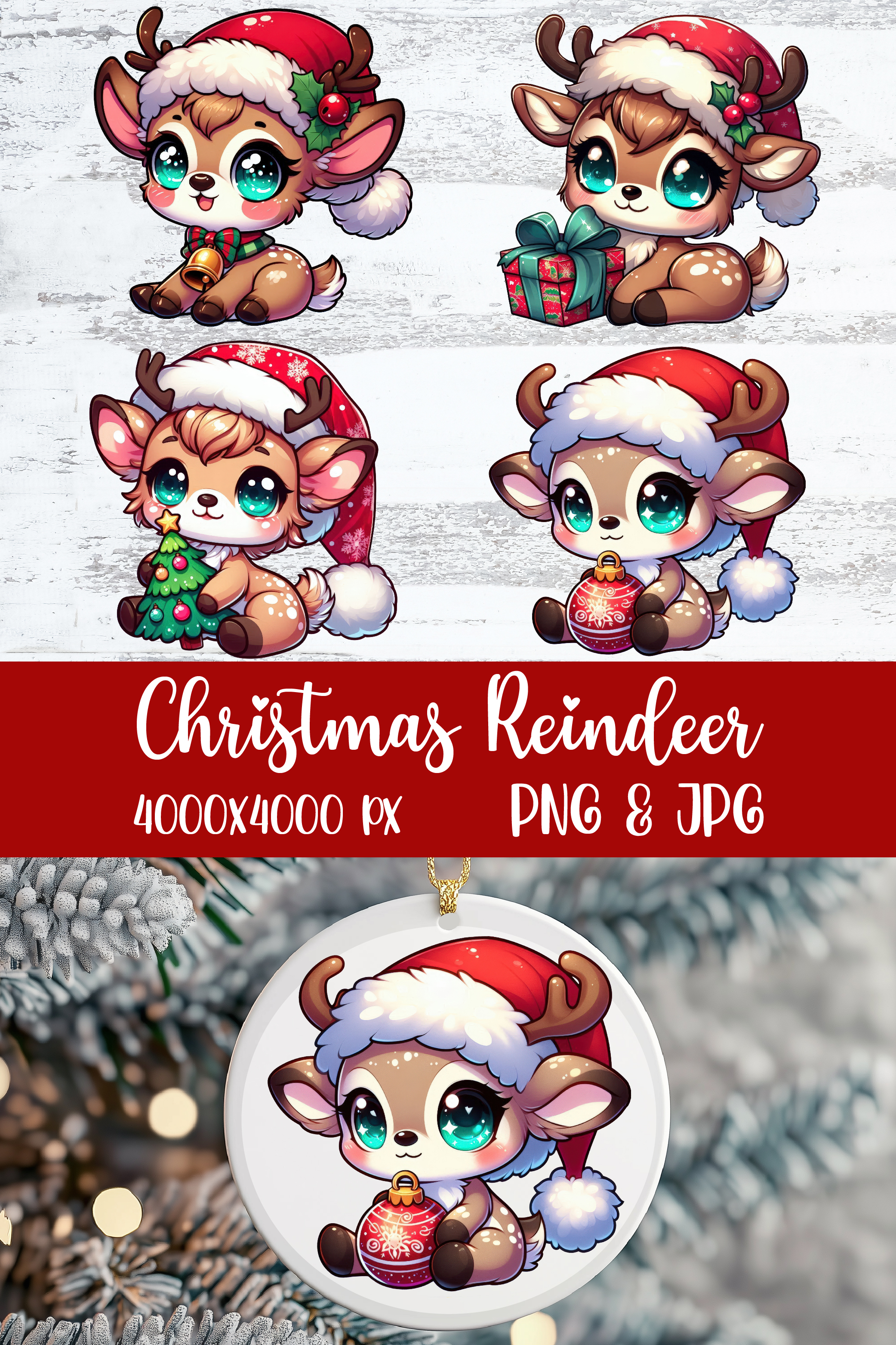 Christmas Reindeer Sublimation PNG | Cute Kawaii Designs