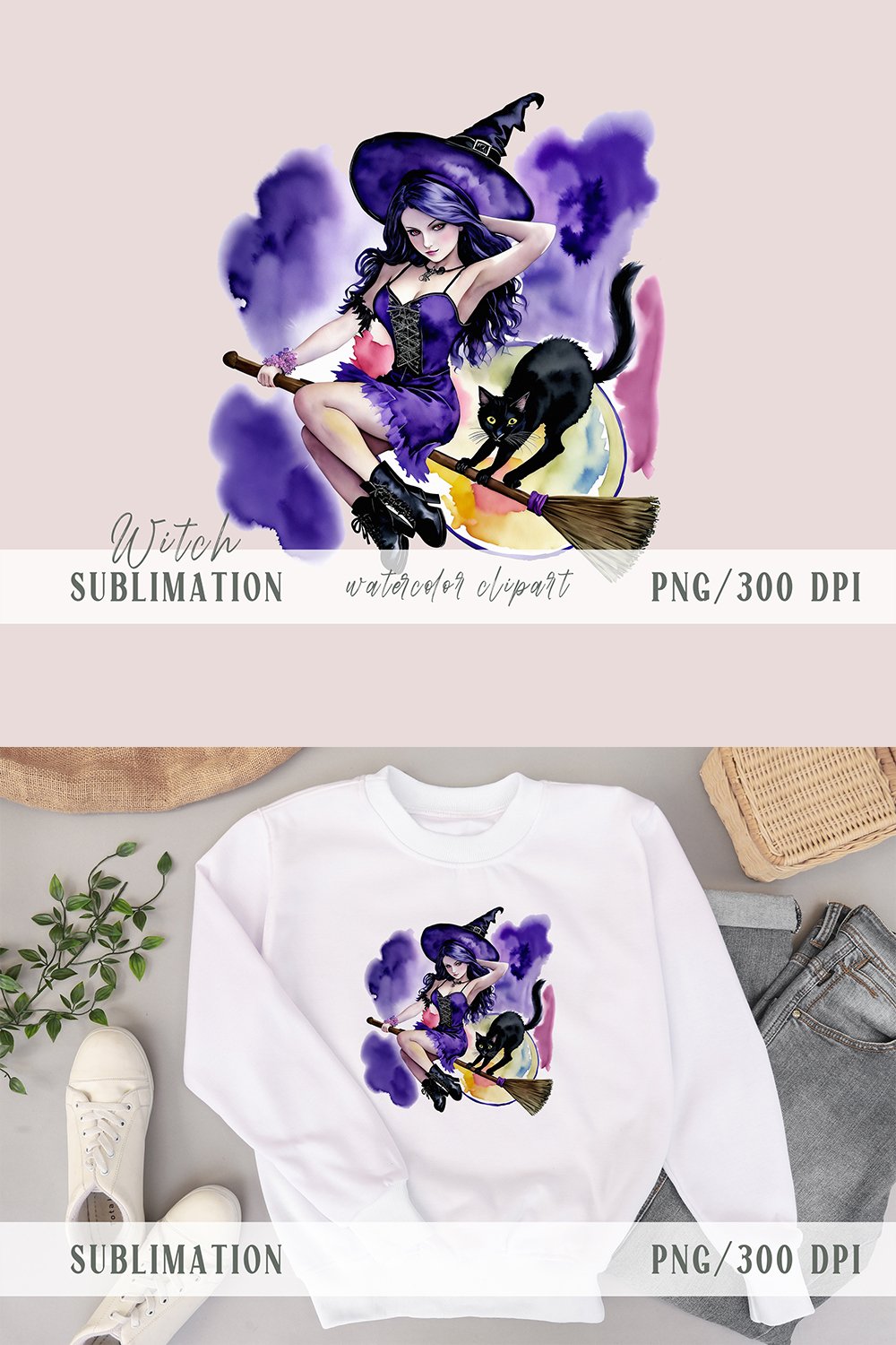 Watercolor cute witch Halloween fall sublimation- 1 png file