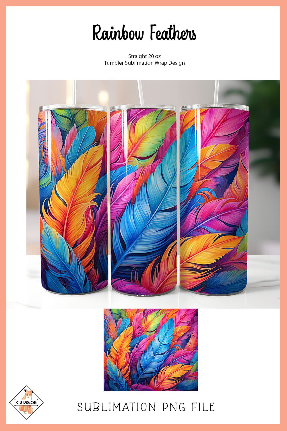 Rainbow Feathers Tumbler Sublimation Design