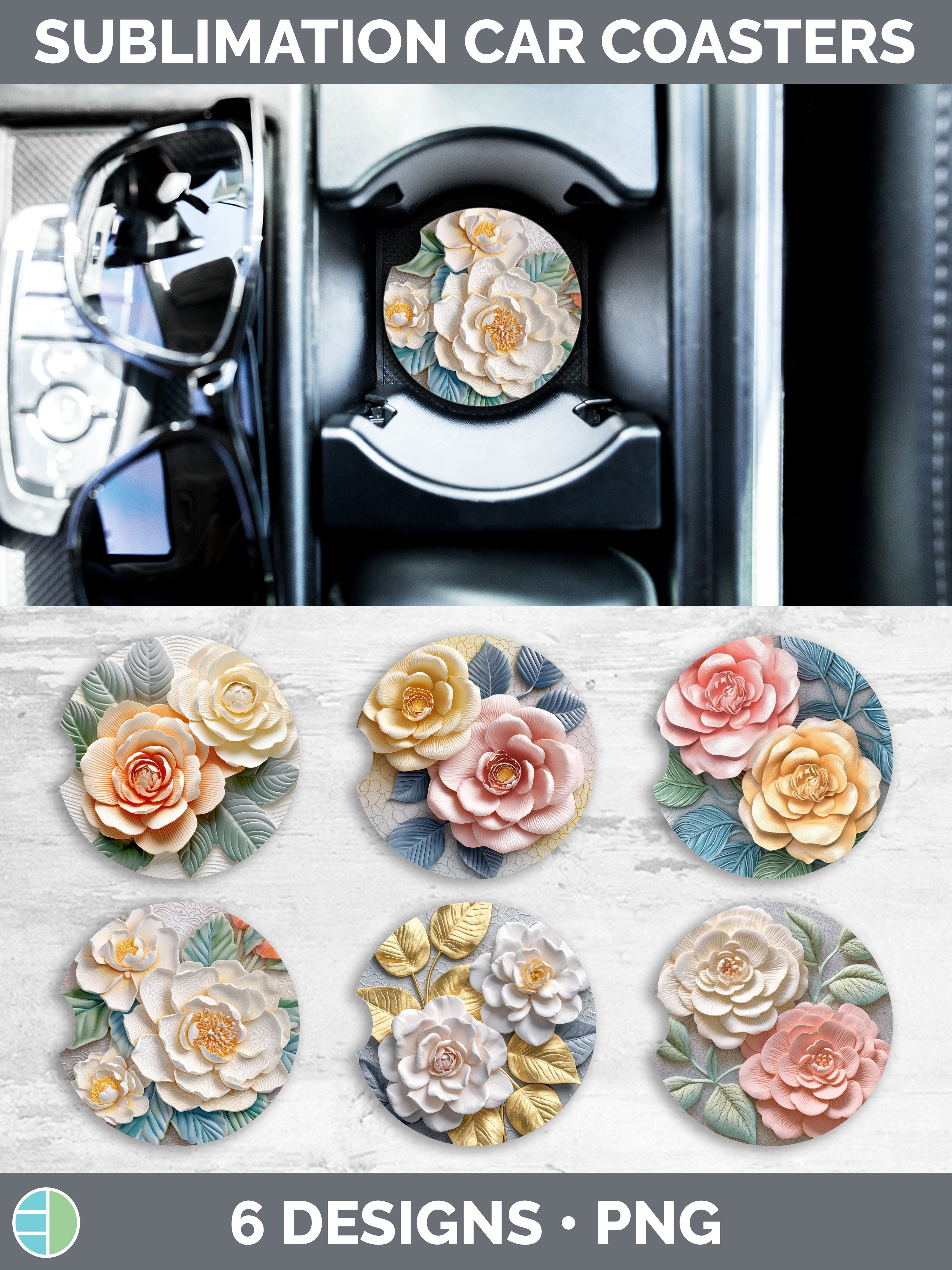 3D Camellia Flowers Car Coaster | Sublimation Coaster Design
