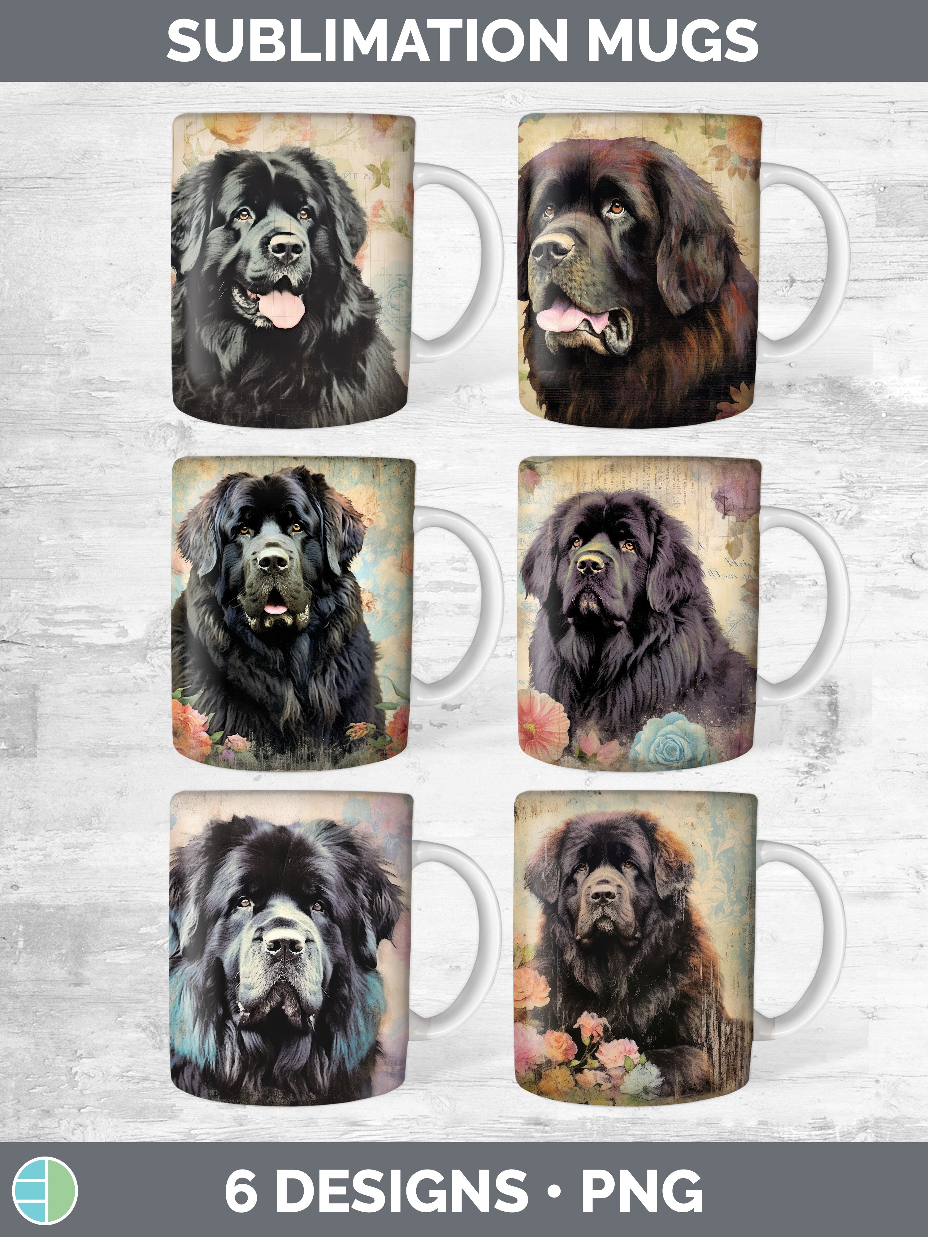 Vintage Newfoundland Dog Mug Wrap | Sublimation Coffee Cup D