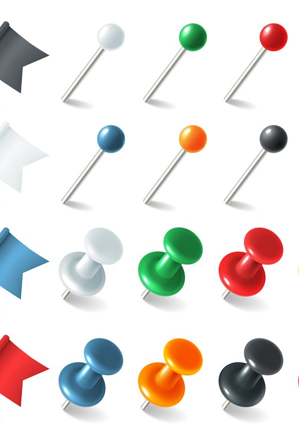 Pins tacks flags. Pointer colored marker pin flag, 3D thumbt